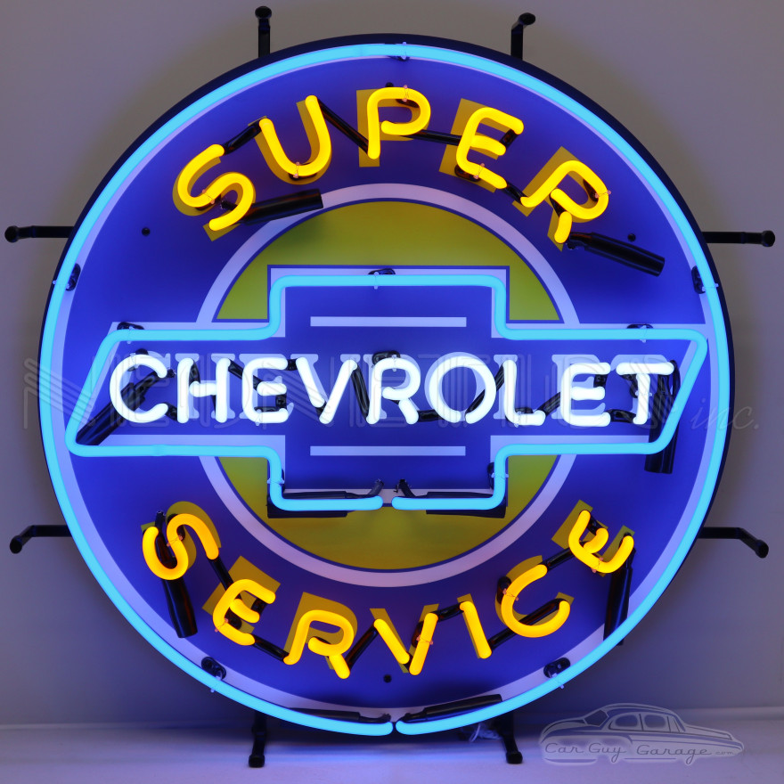 Super Chevy Service Neon Sign - 24" Diameter, Hand-Blown Glass