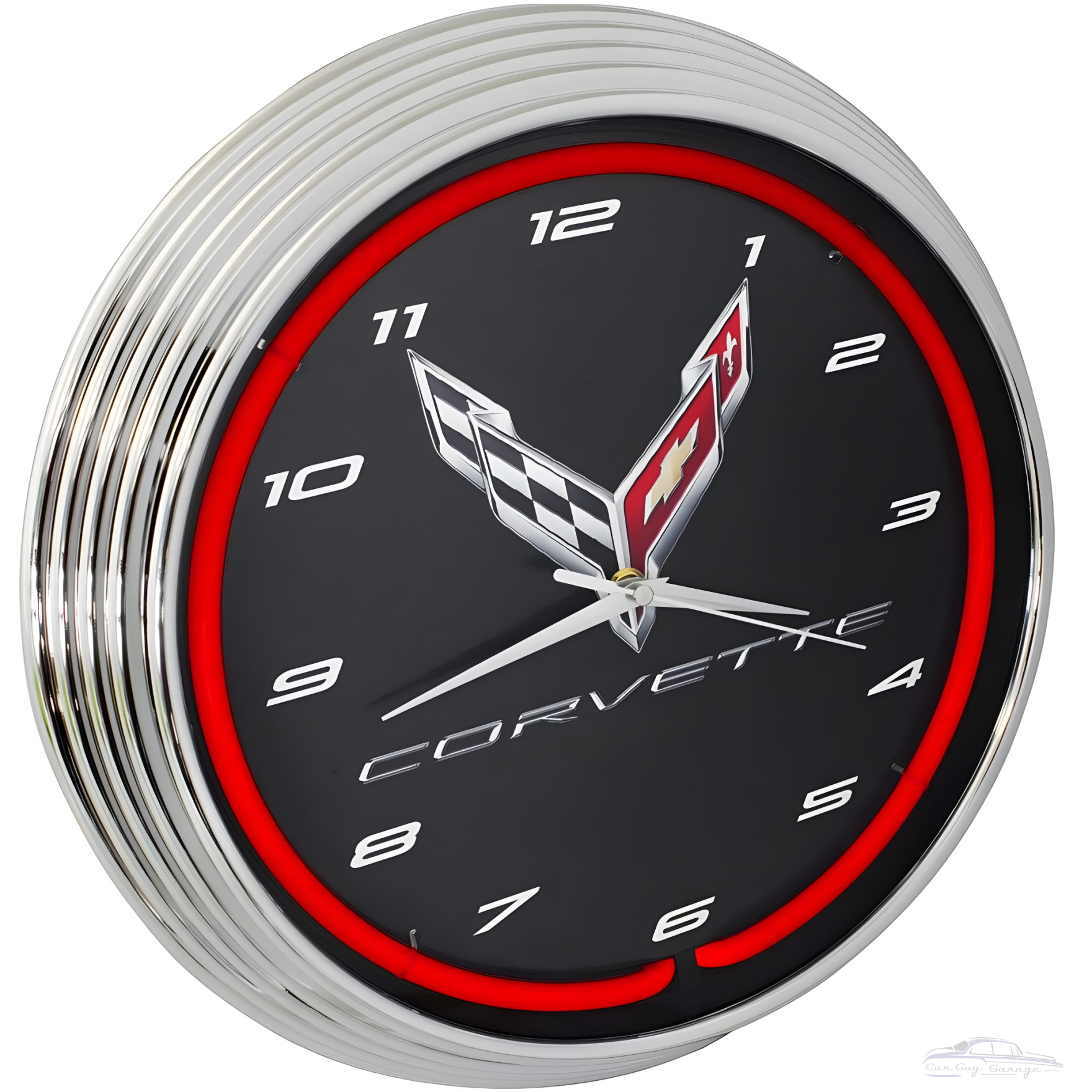 Corvette C8 Neon Clock - Hand-Blown Glass, Chrome Finish, 15"