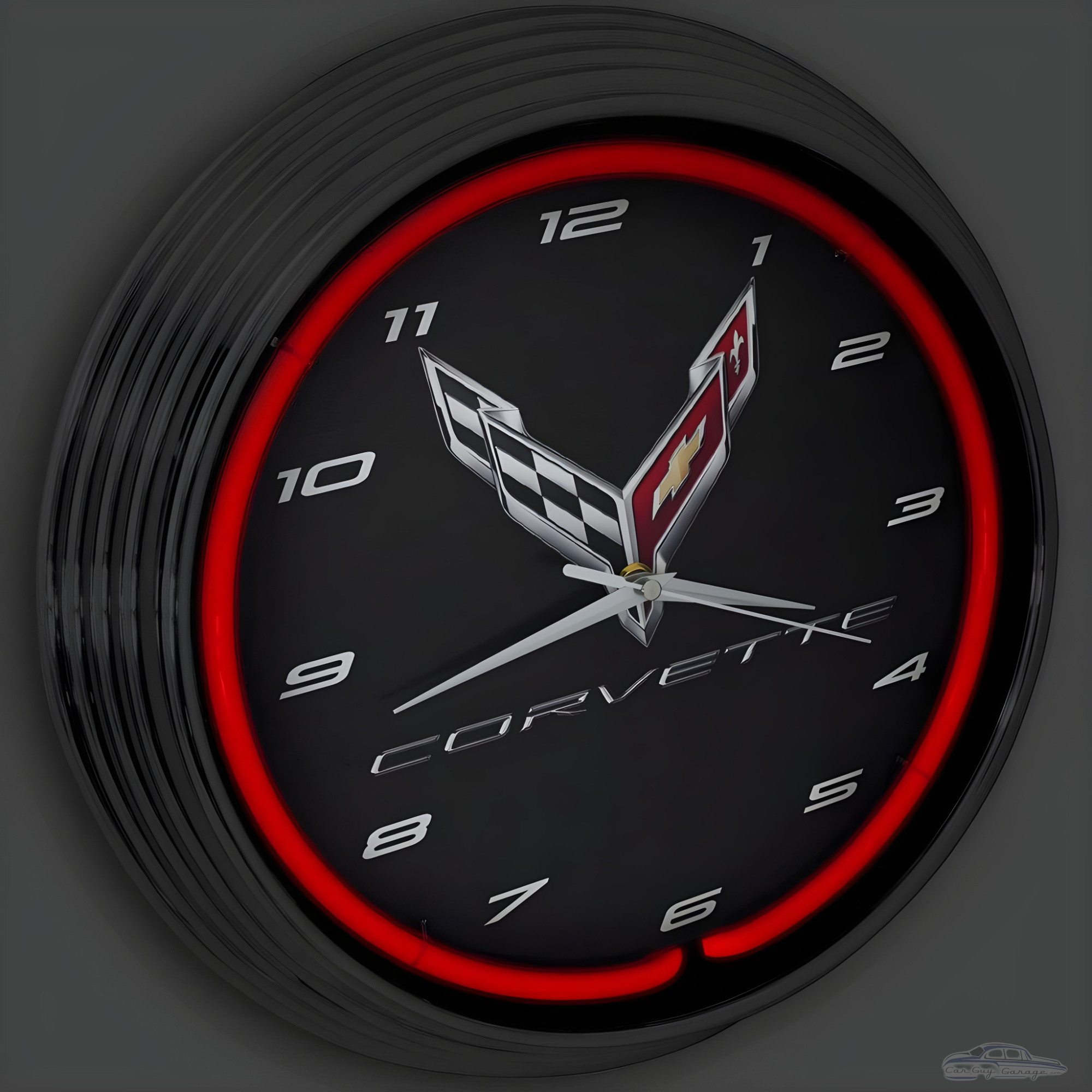 Corvette C8 Neon Clock - Hand-Blown Glass, Chrome Finish, 15"