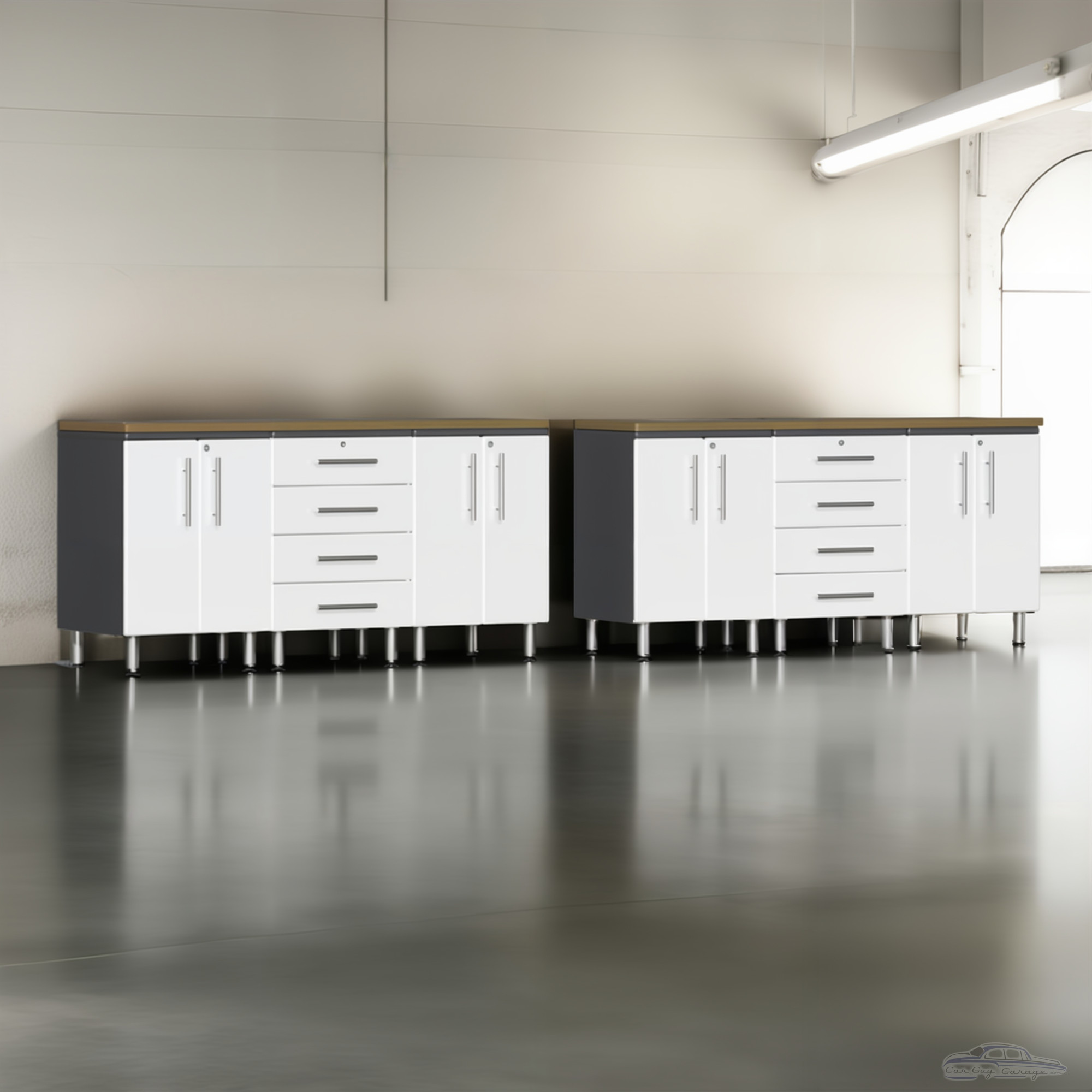 White Modular 8 Piece Dual Workstation Set for Garage Storage