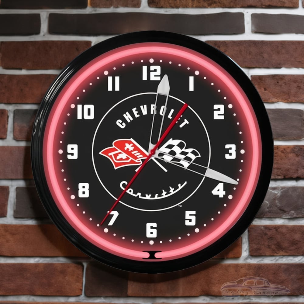 Corvette C8 Neon Clock - Hand-Blown Glass, Chrome Finish, 15"