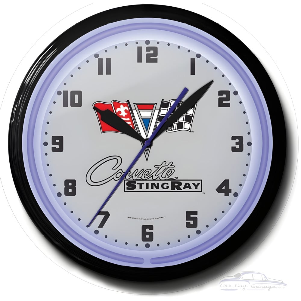 Corvette C8 Neon Clock - Hand-Blown Glass, Chrome Finish, 15"