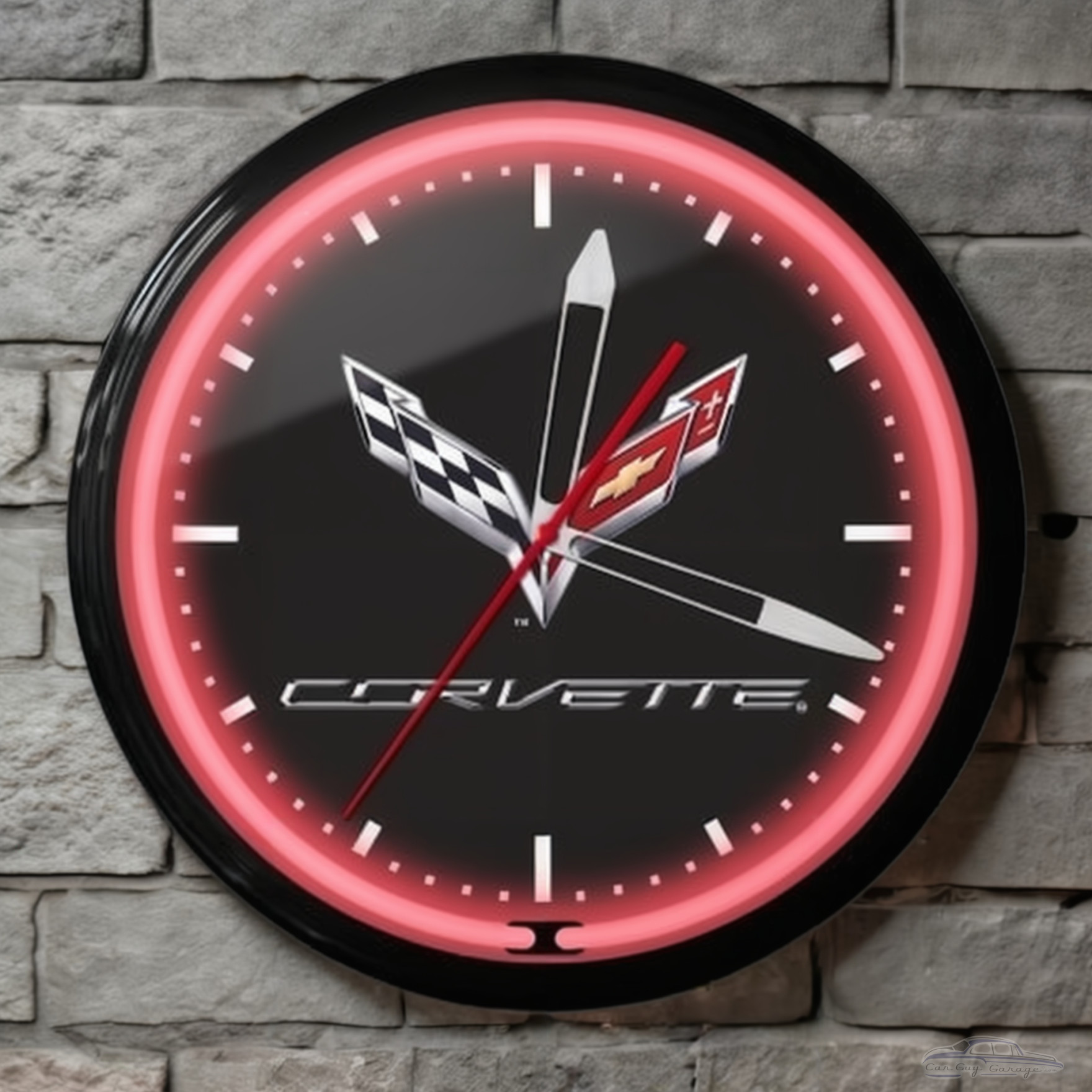 Neon Corvette Clock - 20" Metal, Glass Face, Easy Adjust, USA Made