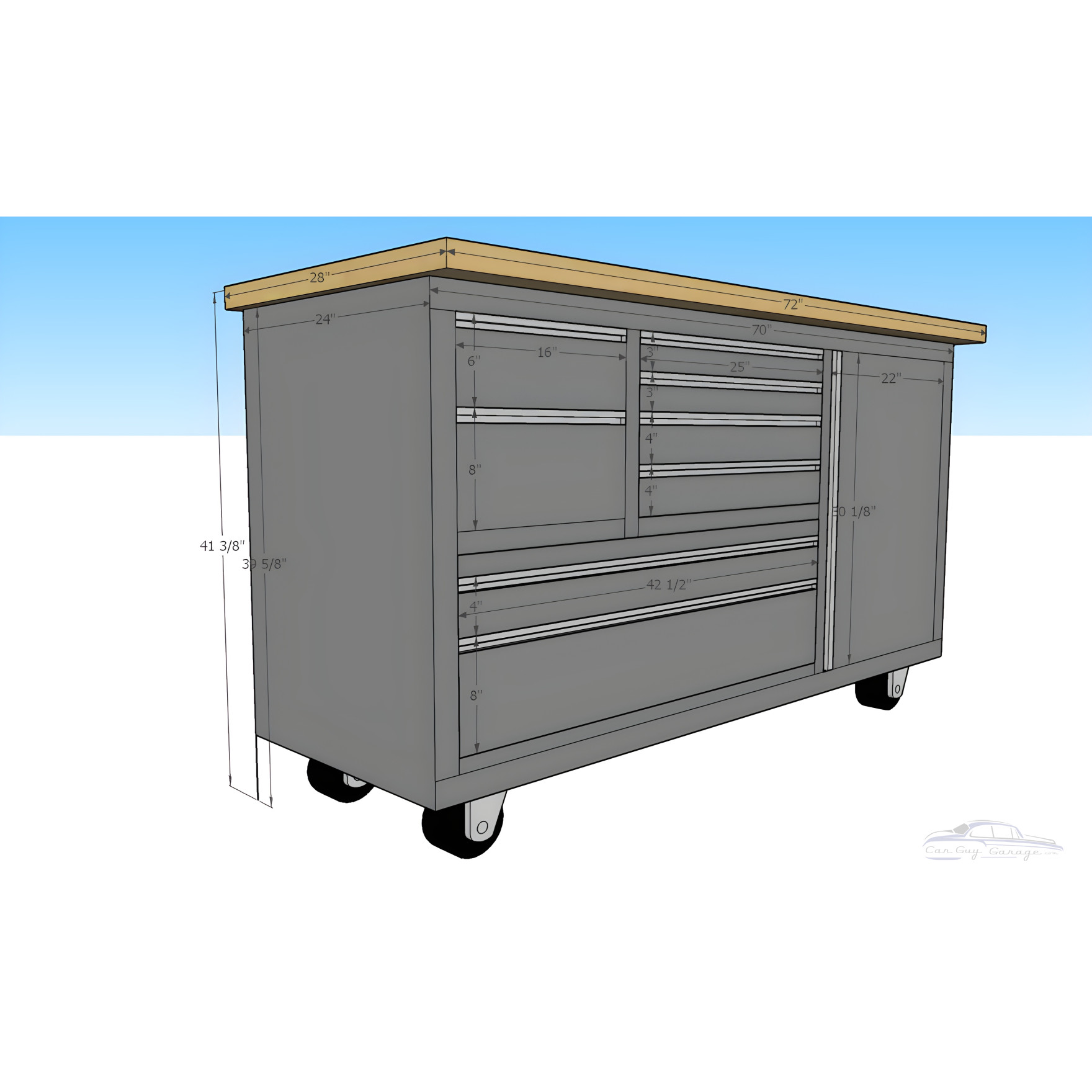 Custom Tool Box Workbench - 72" Wide, 250lb Drawers, Aluminum
