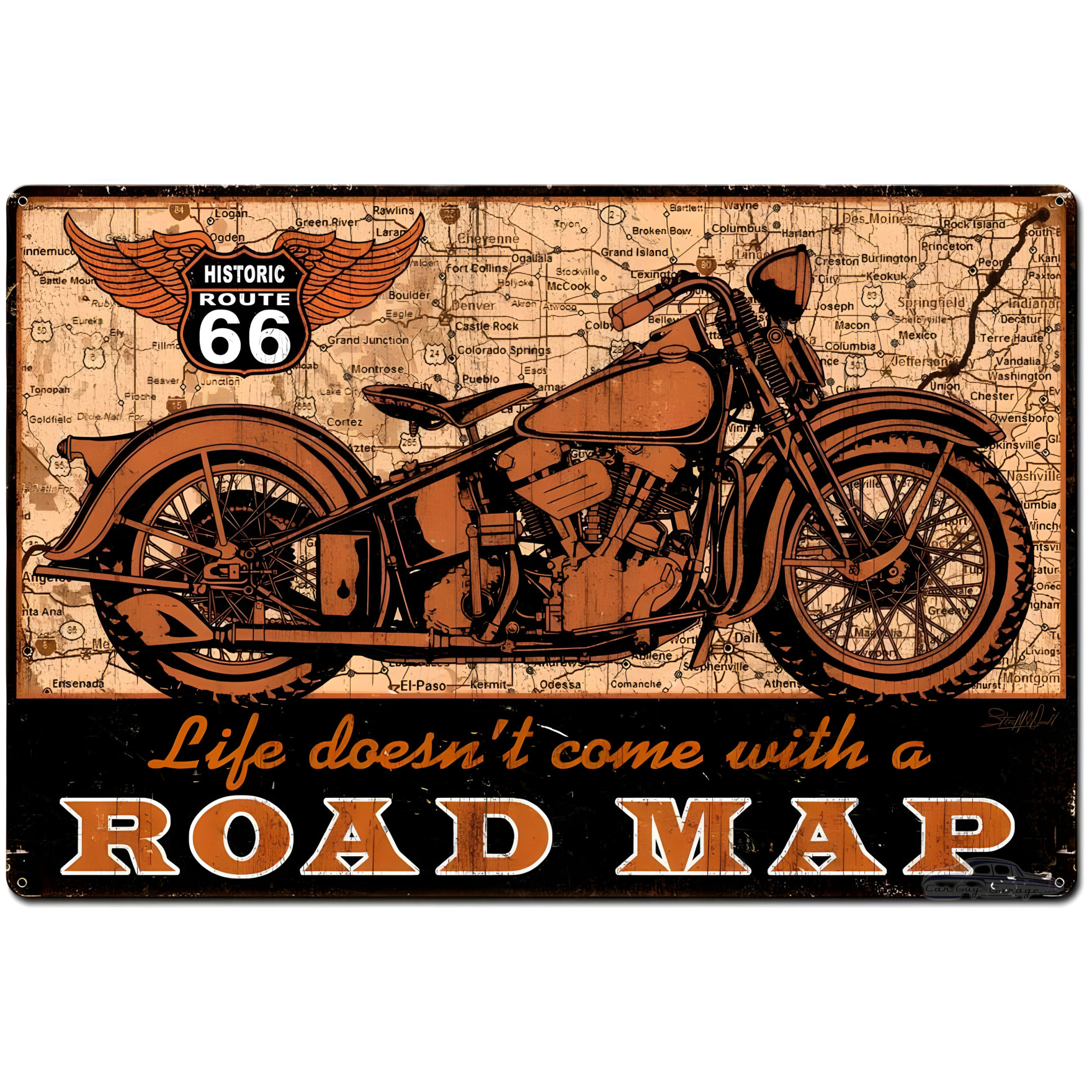 Vintage Road Map Bike Metal Sign - 36" x 24" - Made in USA
