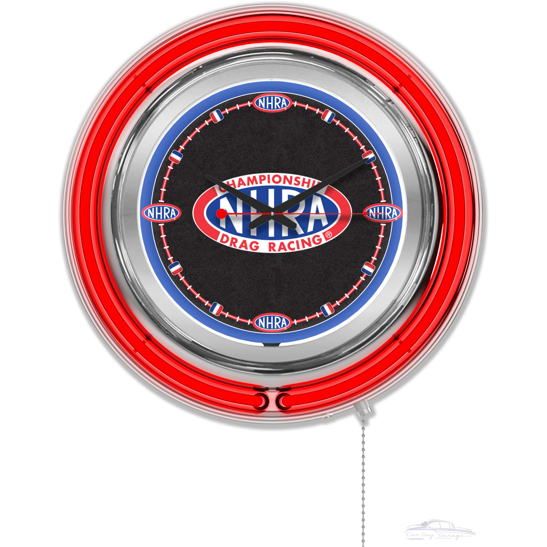 NHRA Drag Racing Red Neon Clock - 15" - Chrome, Quartz, Neon