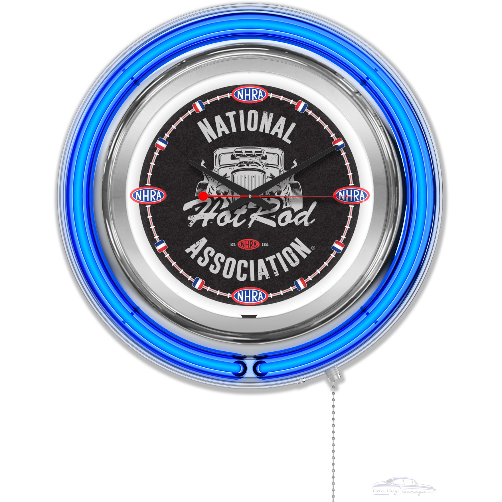 NHRA Drag Racing Hot Rod Blue Neon Clock - 15" - Chrome Casing