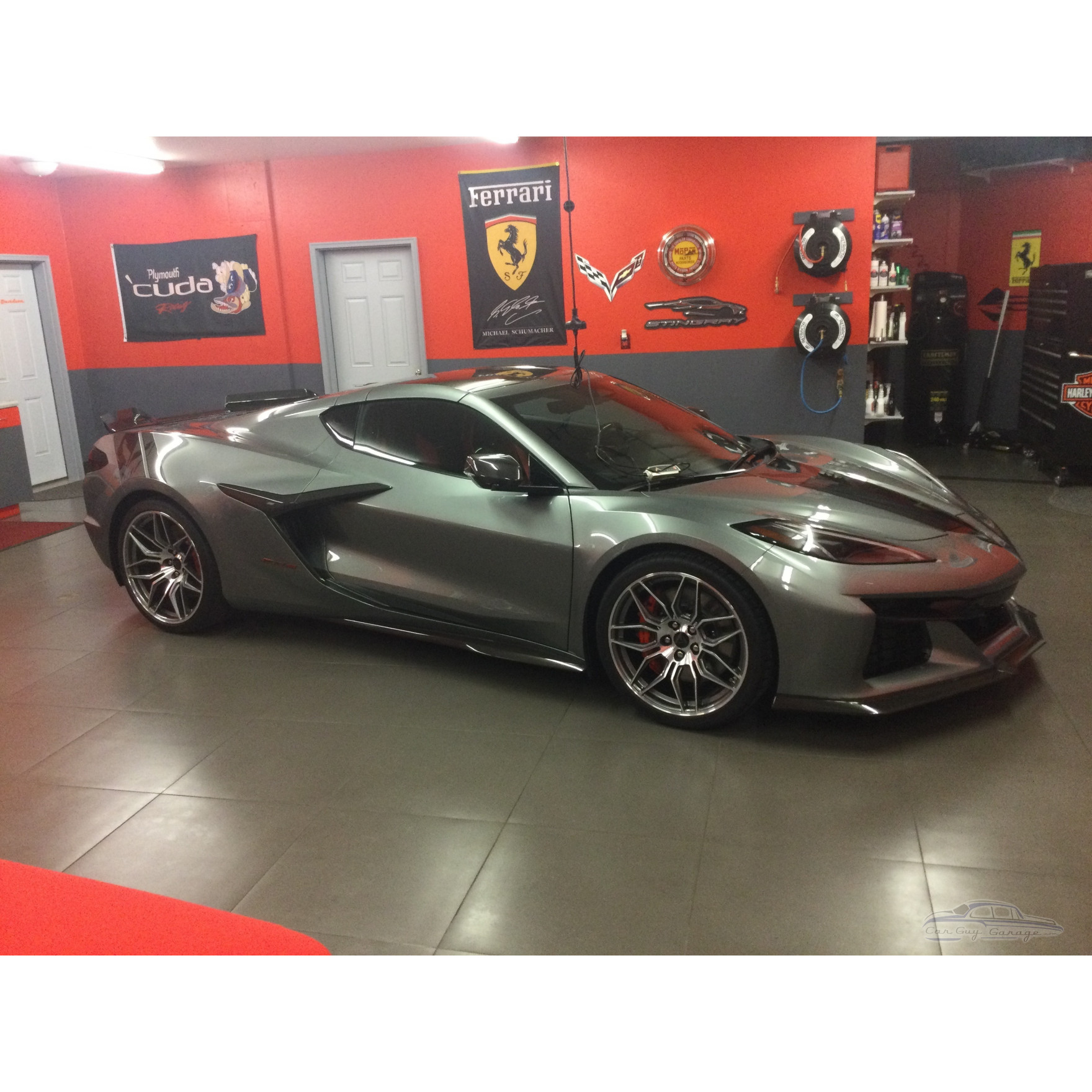 Corvette C8 Crossed Flags Metal Sign - Durable 14-Gauge Steel