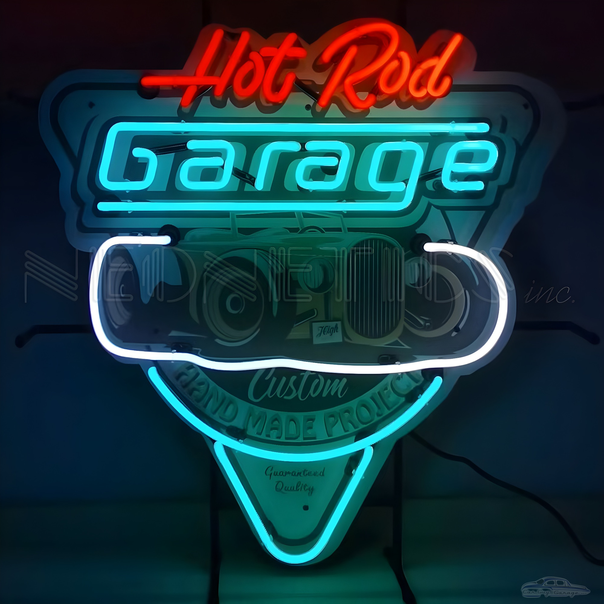 Hot Rod Garage Neon Sign - Teal, Red, White - 25"x24"