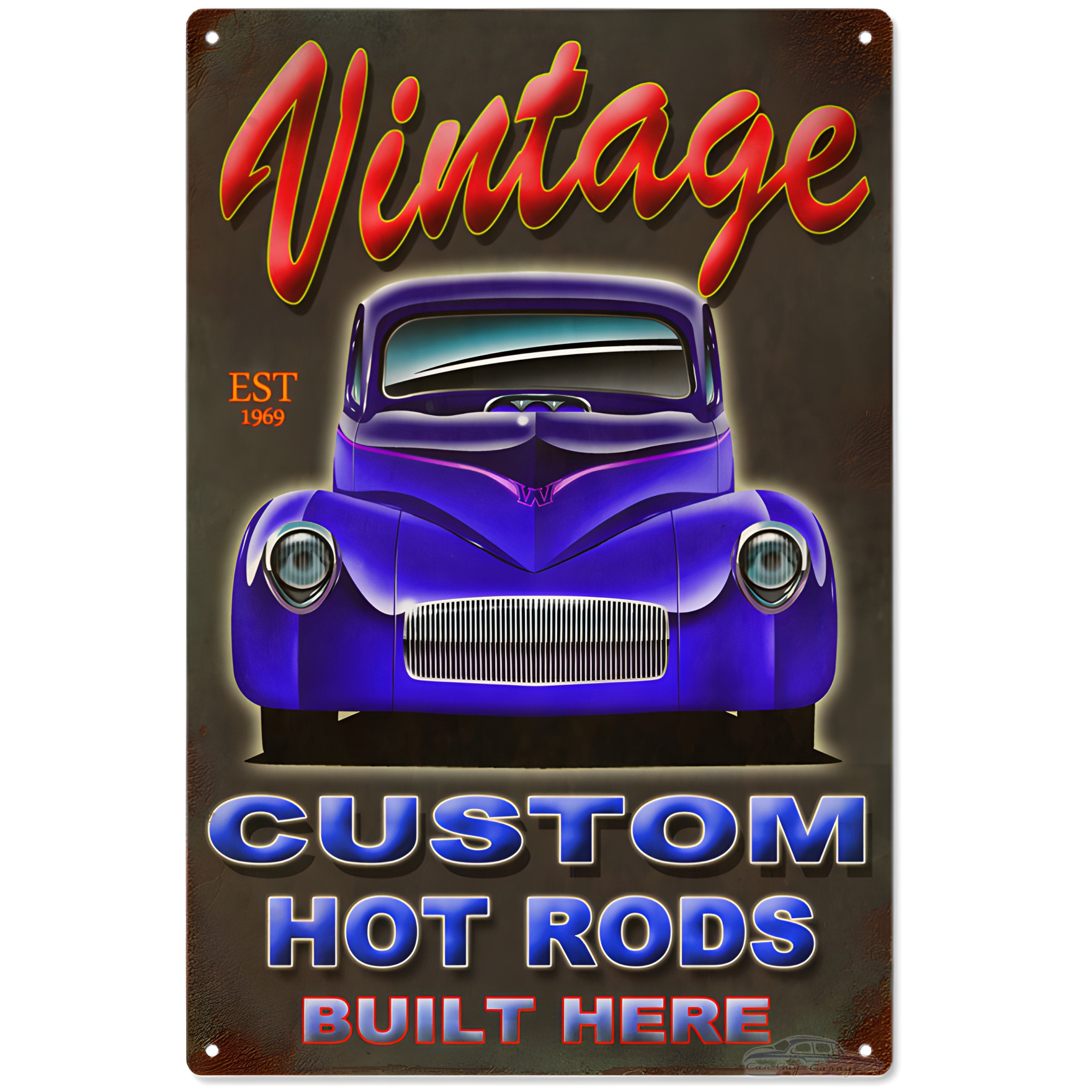 Reproduction Custom Hot Rods Built Here Metal Sign - 12" x 18"