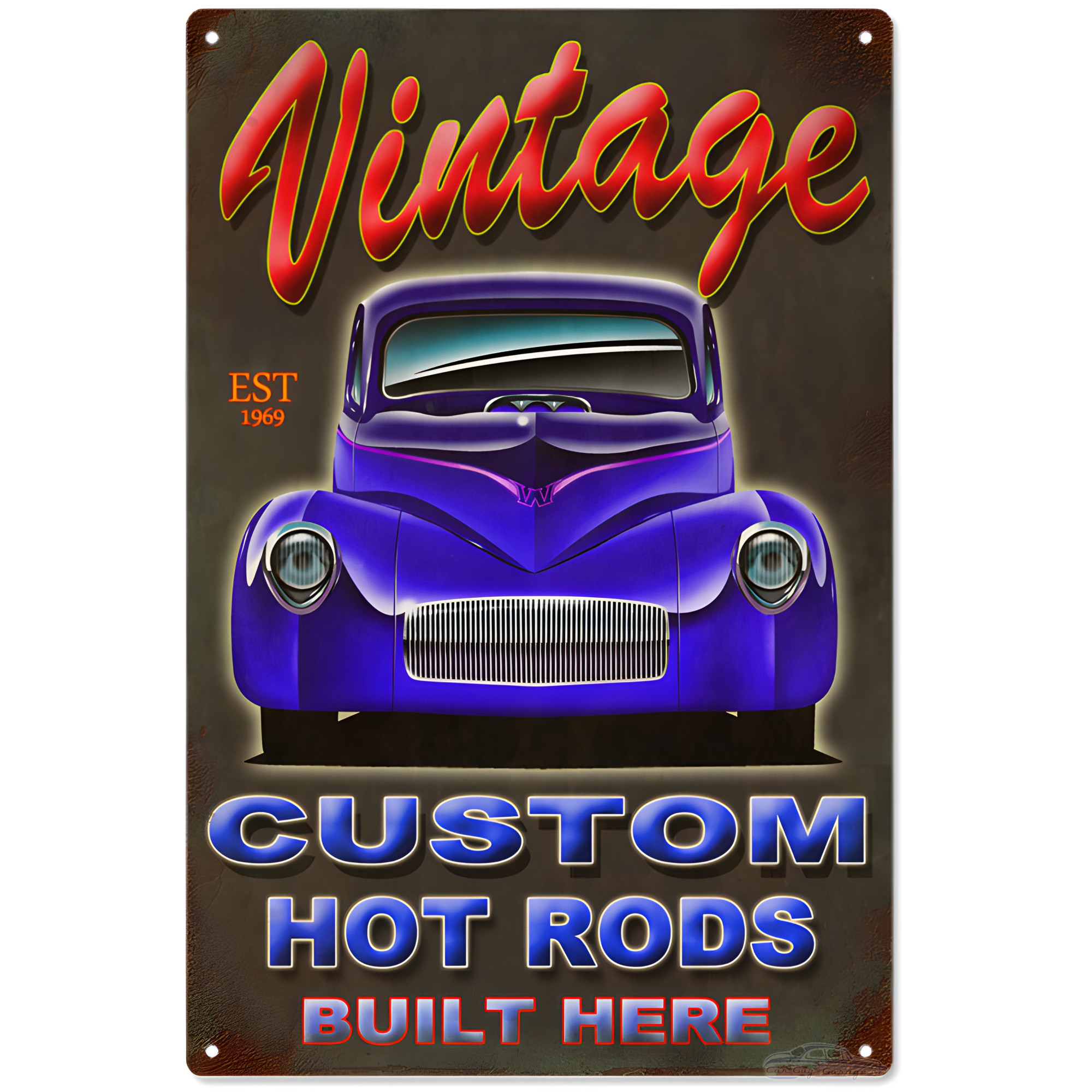 Reproduction Custom Hot Rods Built Here Metal Sign - 12" x 18"