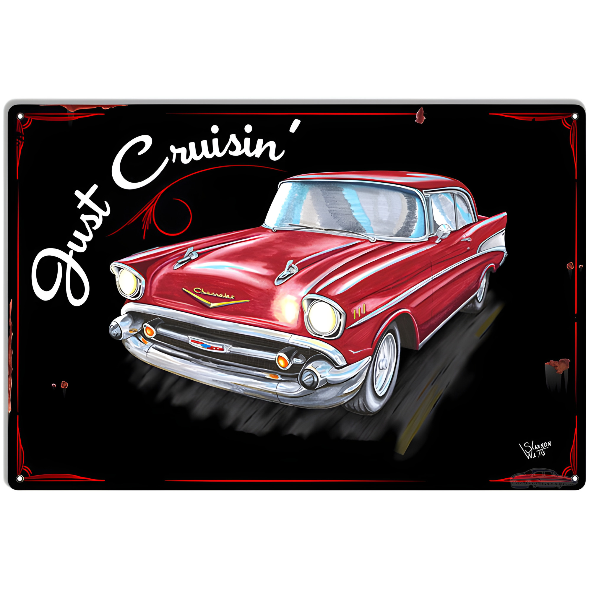 Red 1950's Chevy Sedan "Just Crusin" Metal Sign - 12" x 18"