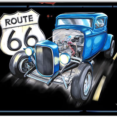 Route 66 Hot Rod Metal Sign - 12" x 18"