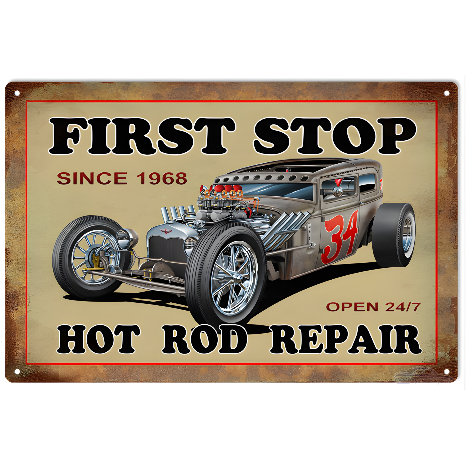 First Stop Hot Rod Car Repair Metal Sign - 12" x 18"
