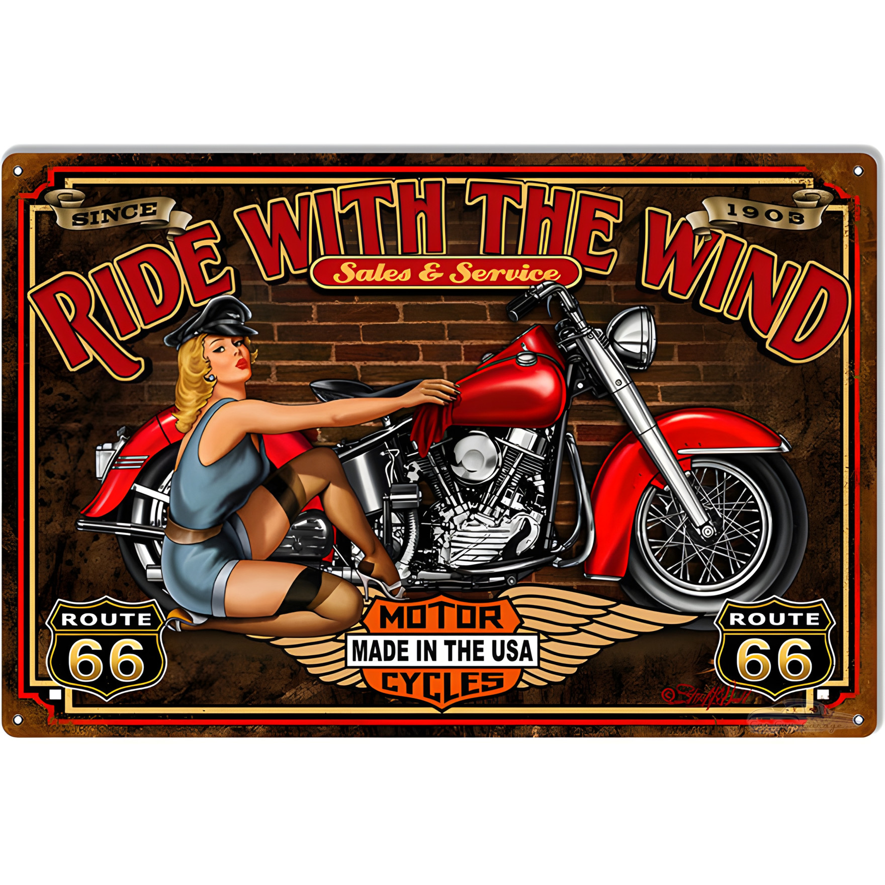 Ride With The Wind Pin Up Girl Route 66 Metal Sign - 12" x 18"