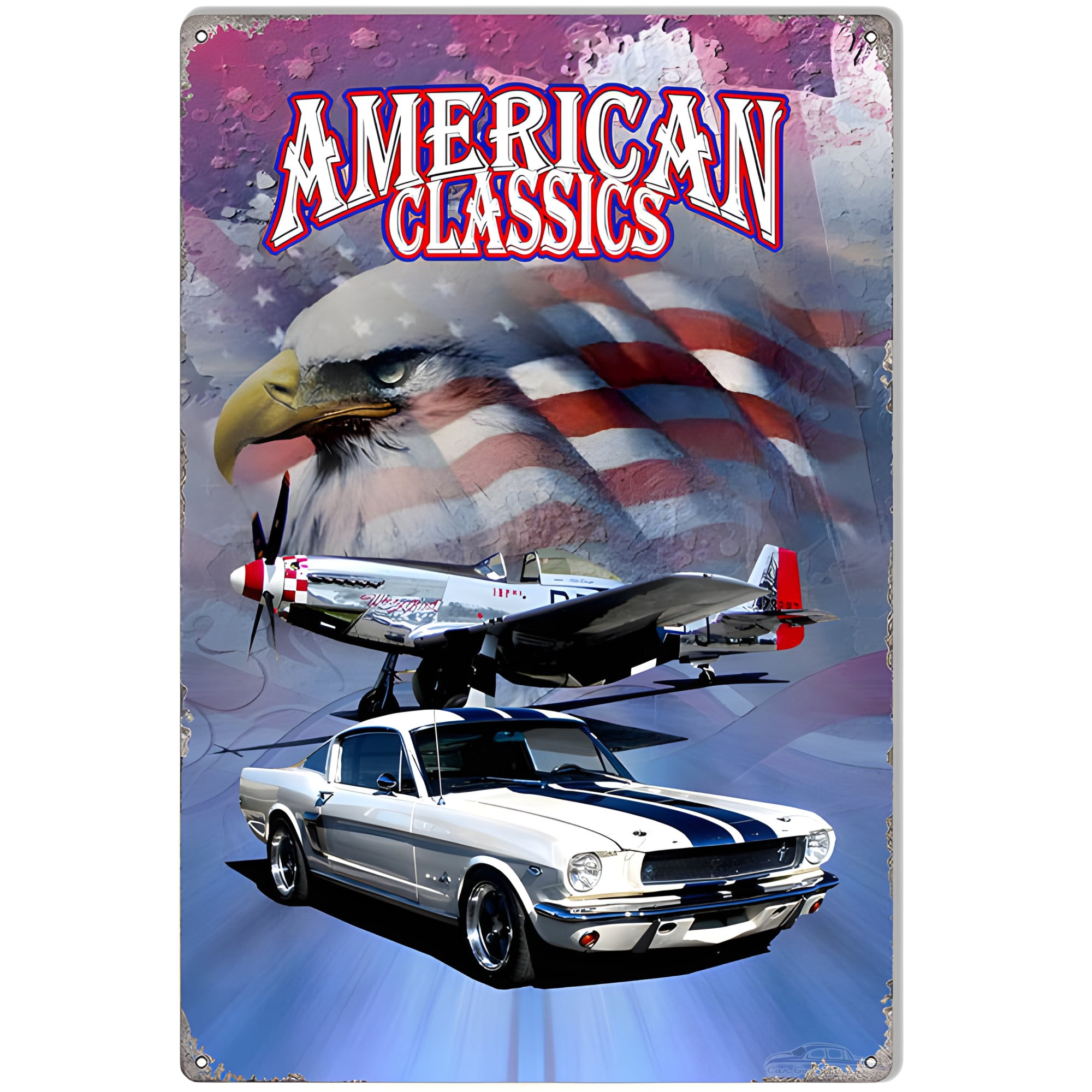 White With Blue Stripe Classic Mustang Metal Sign - 12" x 18"