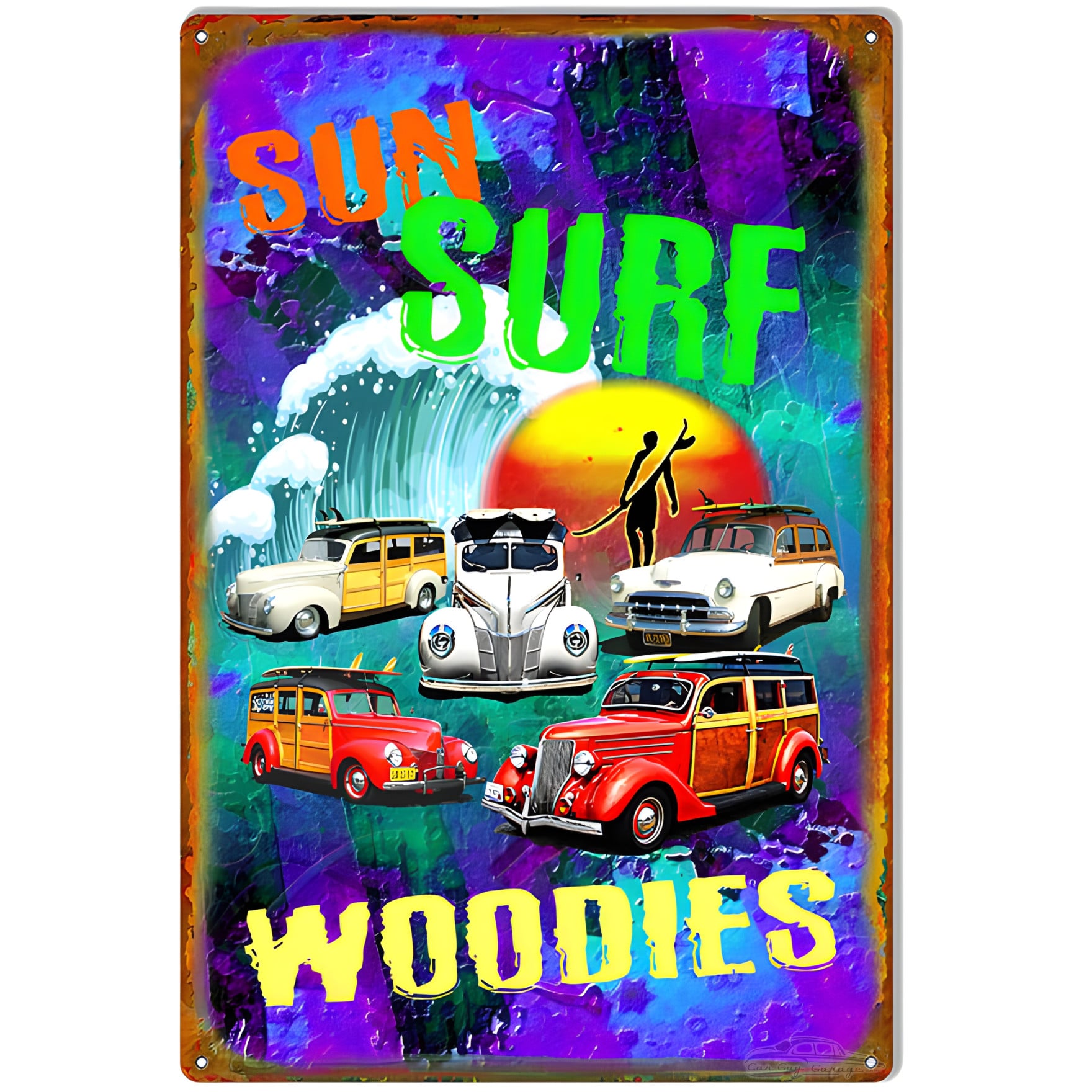 Sun Surf Woodies Man Cave Metal Sign - 12" x 18"