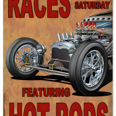 Hot Rod Races Every Saturday Metal Sign - 12" x 18"