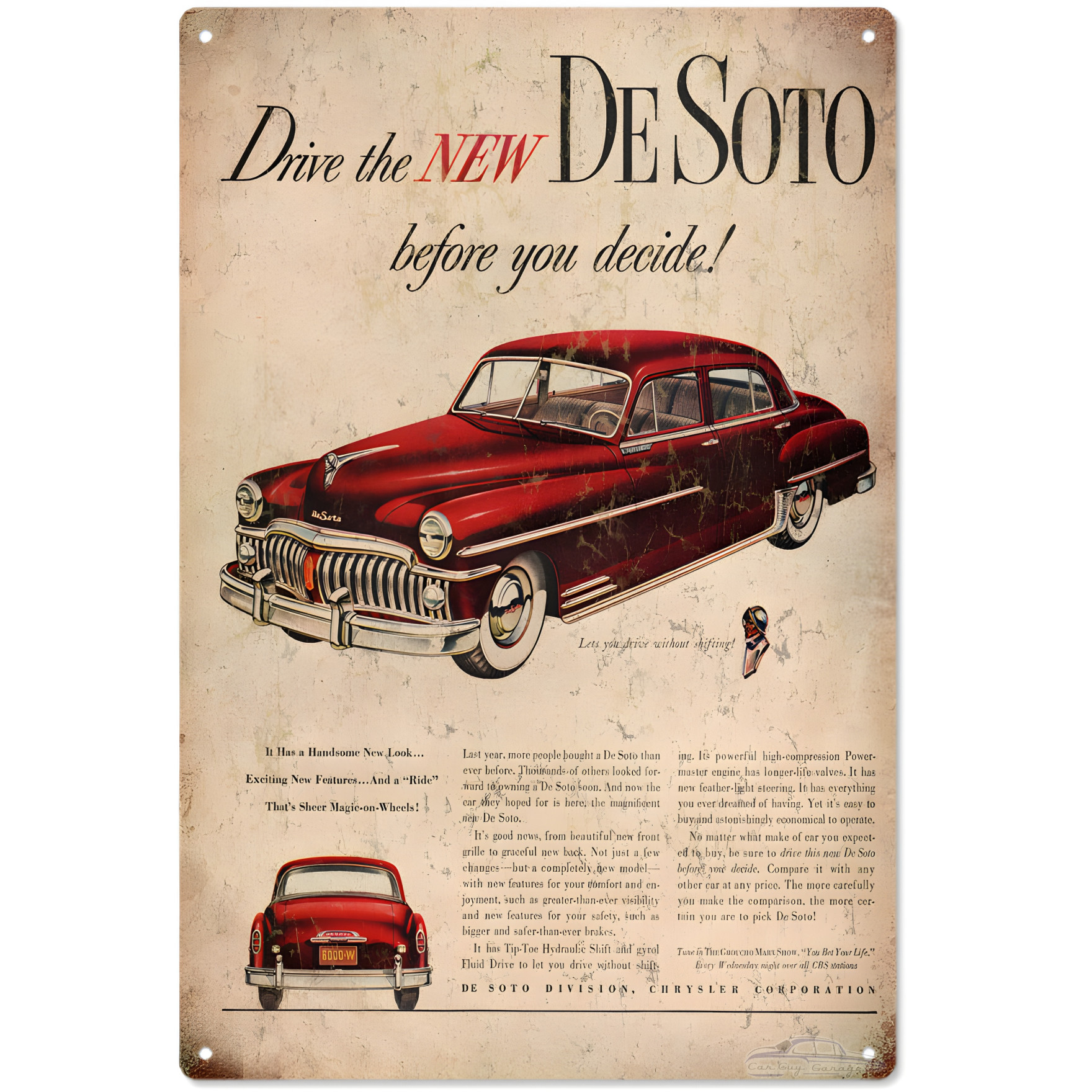 Drive The New DeSoto Before You Decide Chrysler Corp Metal Sign - 12" x 18"