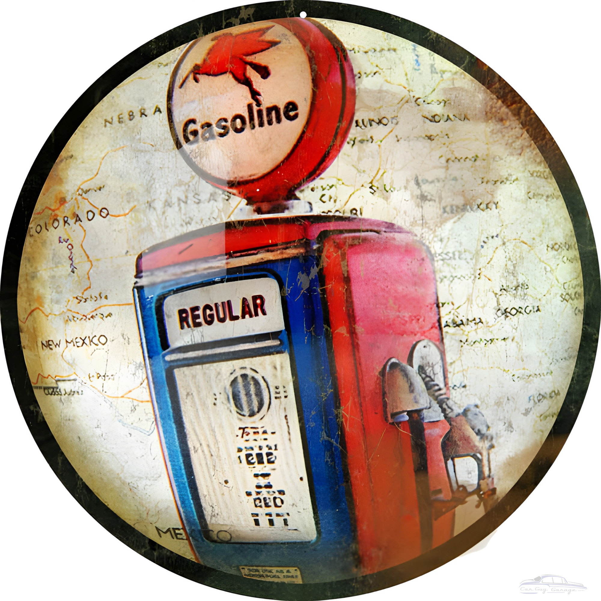 Reproduction Aged Looking Gasoline Regular Metal Sign - 14" Round