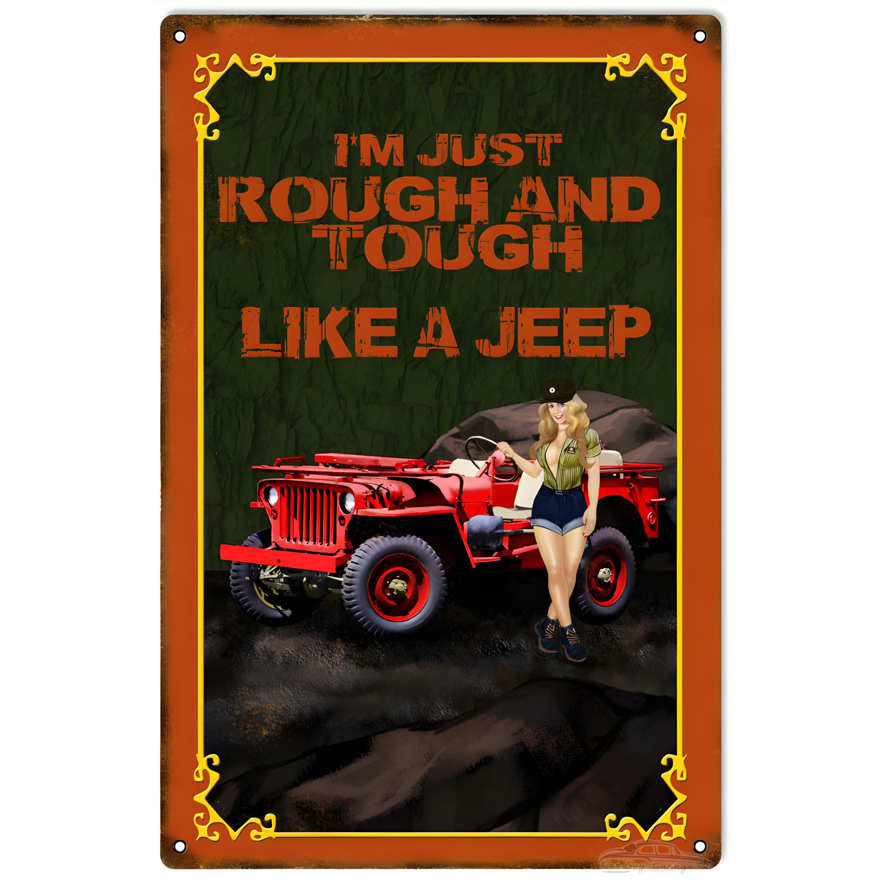 Red Rough And Tough Like a Jeep Pin Up Girl Metal Sign - 12" x 18"
