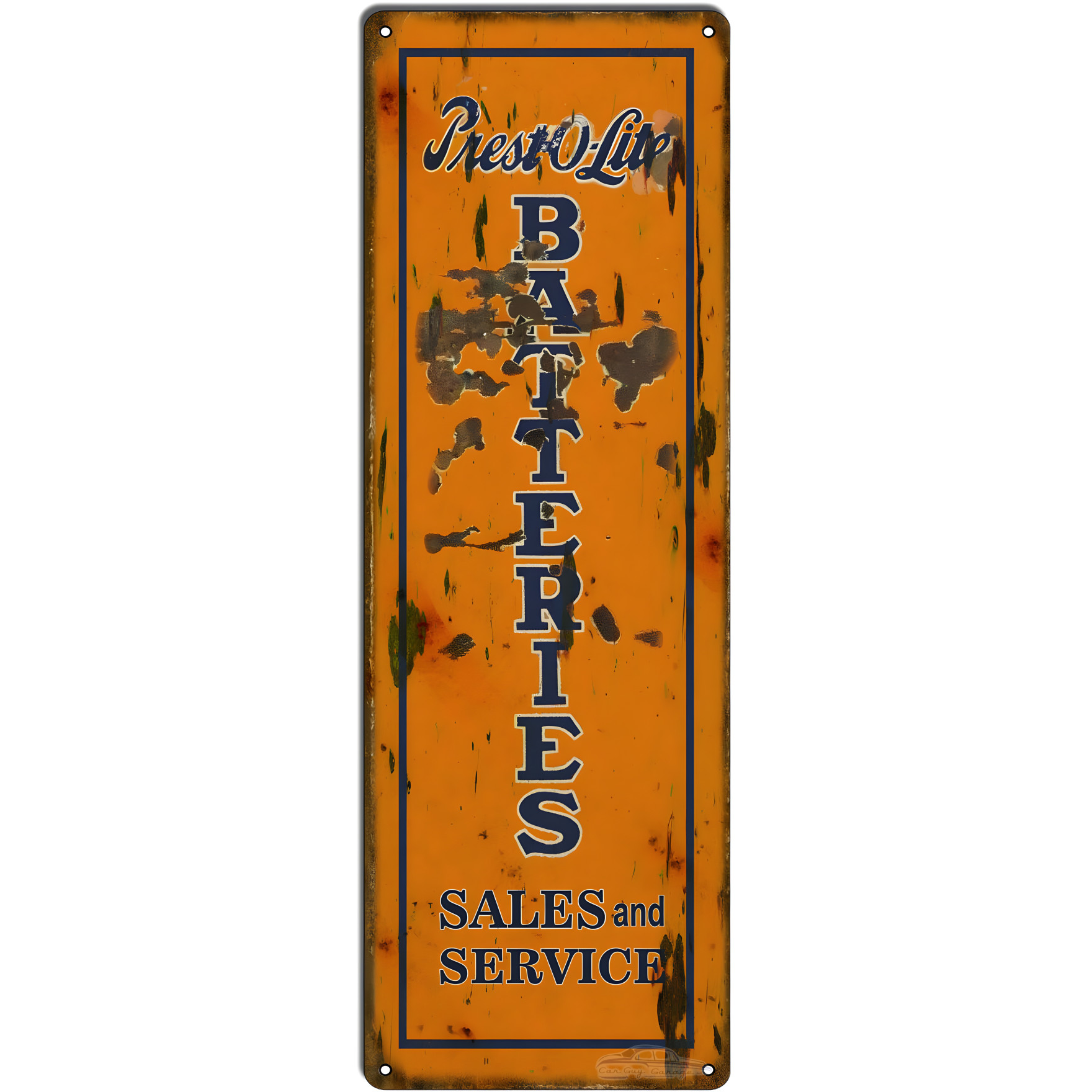 Prest-O-Batteries Sales and Service Metal Sign - 6" x 18"