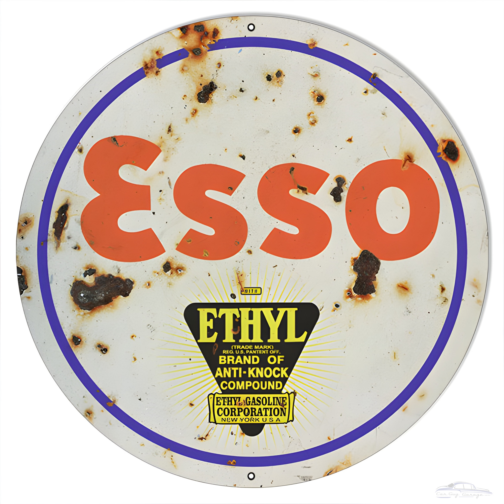 Extra Large Format Aged Looking ESSO Ethyl Motor Oil Metal Sign - 24" Round