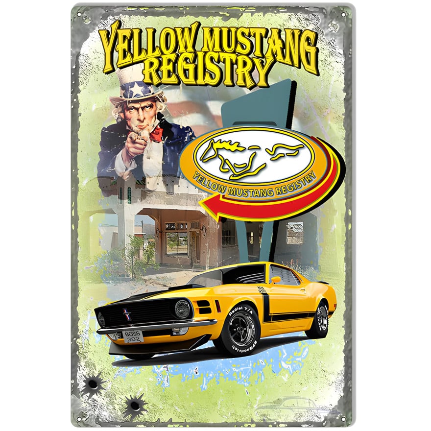 Yellow Mustang Registry Uncle Sam Metal Sign - 12" x 18"