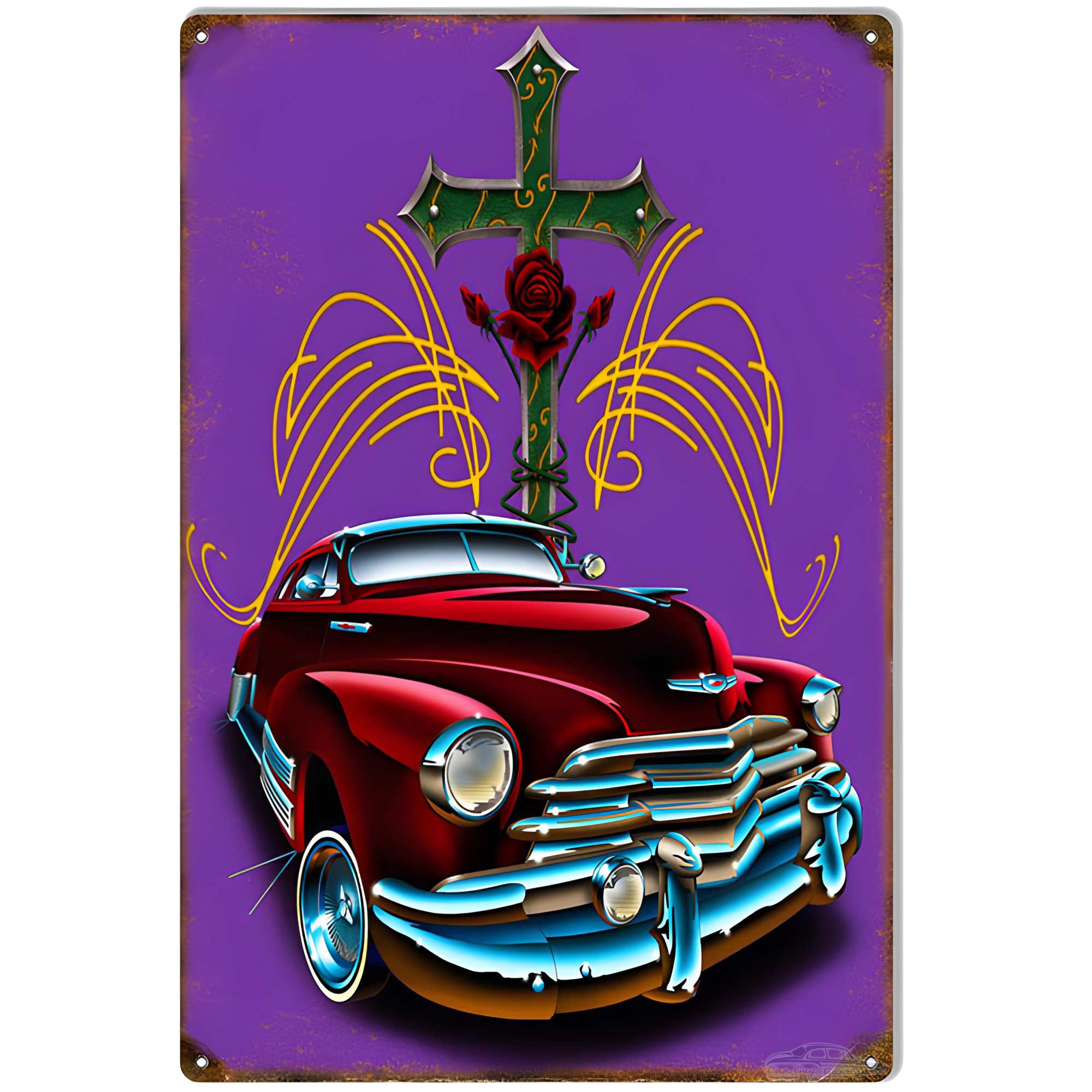 Red Rose Cross Hot Rod Metal Sign - 12" x 18"