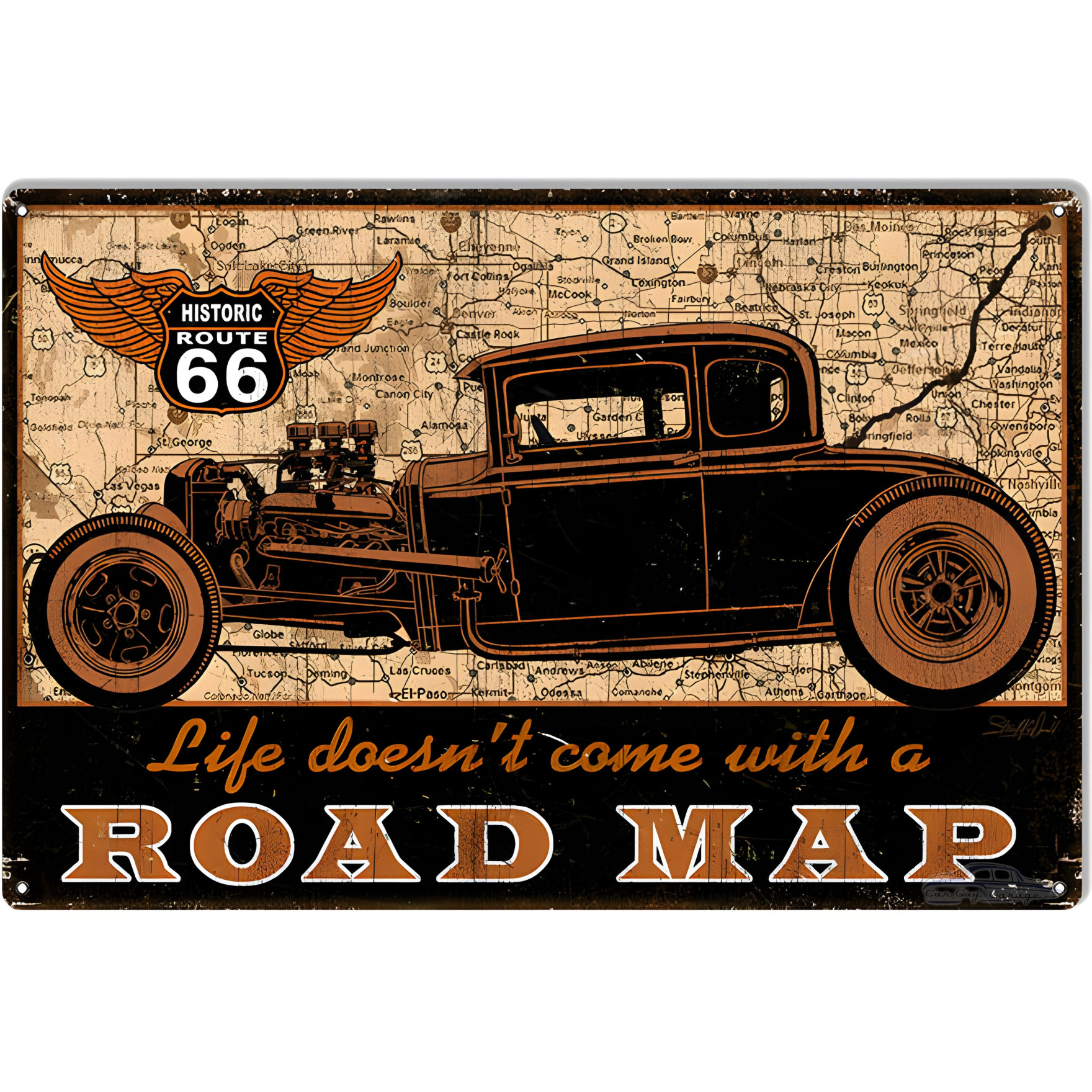 Route 66 Road Map Hot Rod Car Sign Metal Sign - 12" x 18"