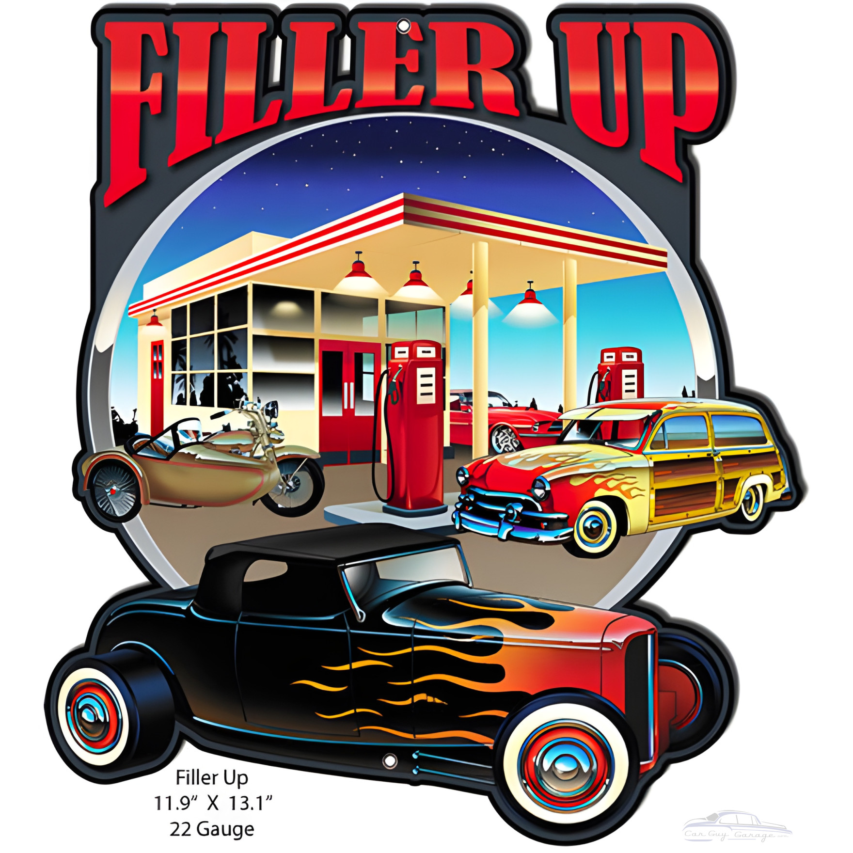 Filler Up Gas Station With Hot Rod Cars Metal Sign - 11.9" x 13.1"