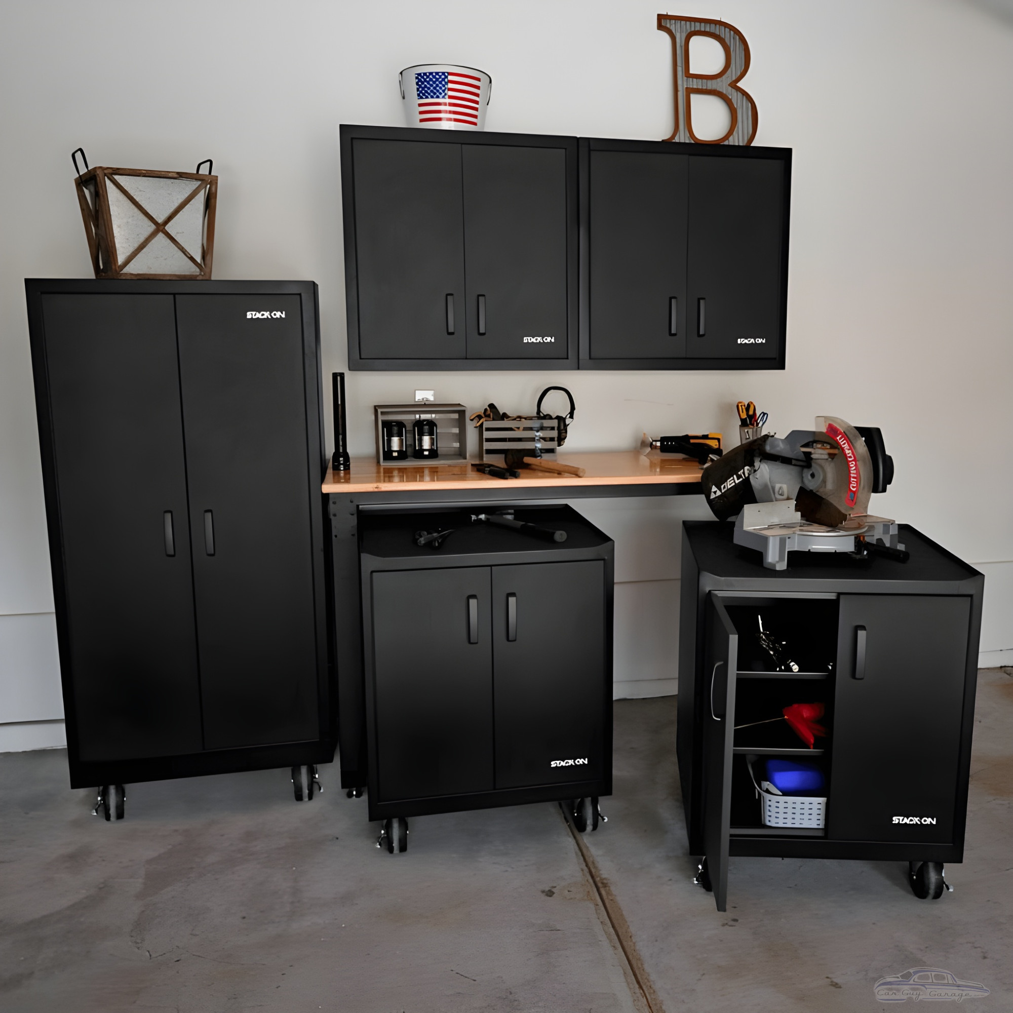Six Piece Black 18 Gauge Steel Garage Cabinet Set with Drawers