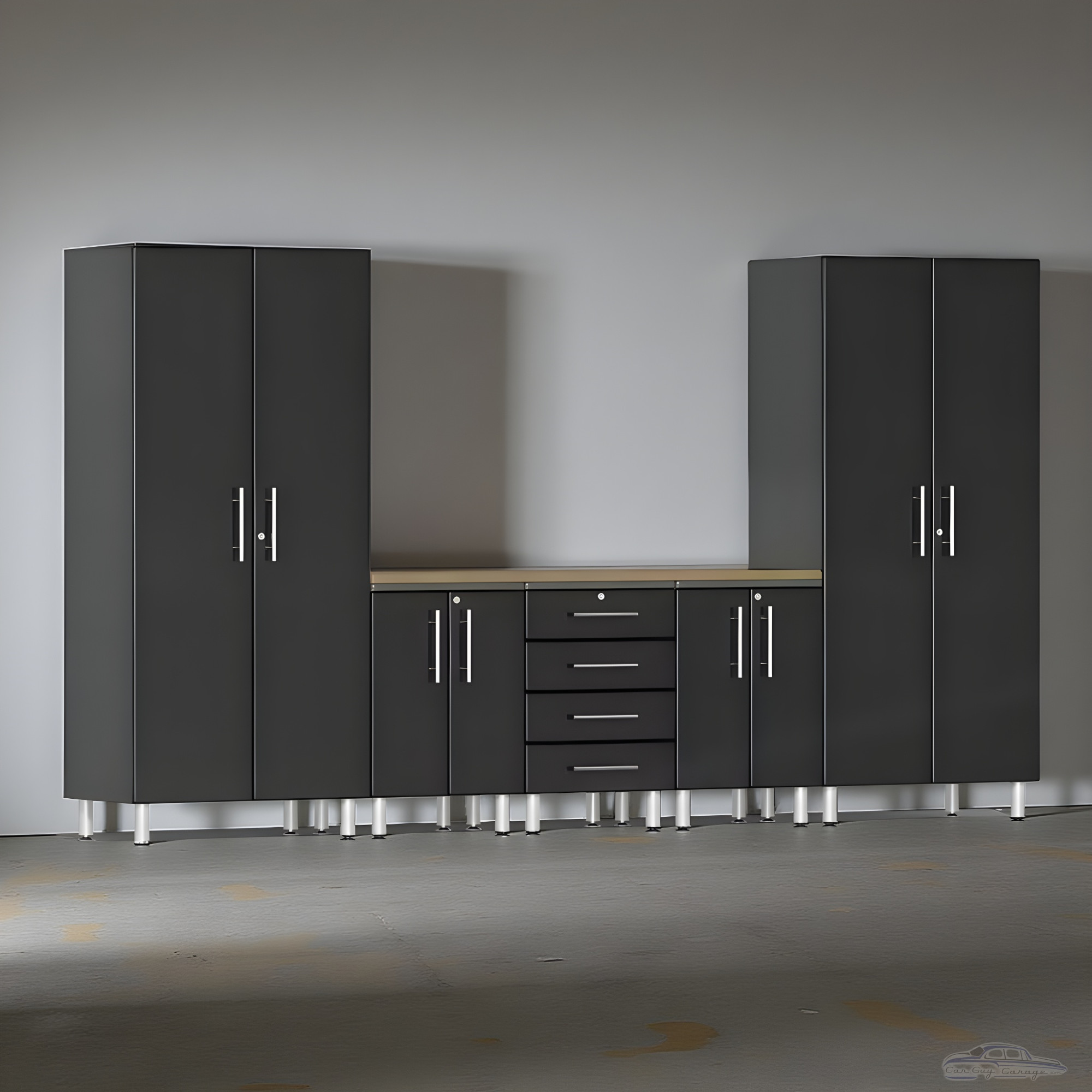Black Modular 6-Piece Garage Cabinet Workstation with Butcher Block