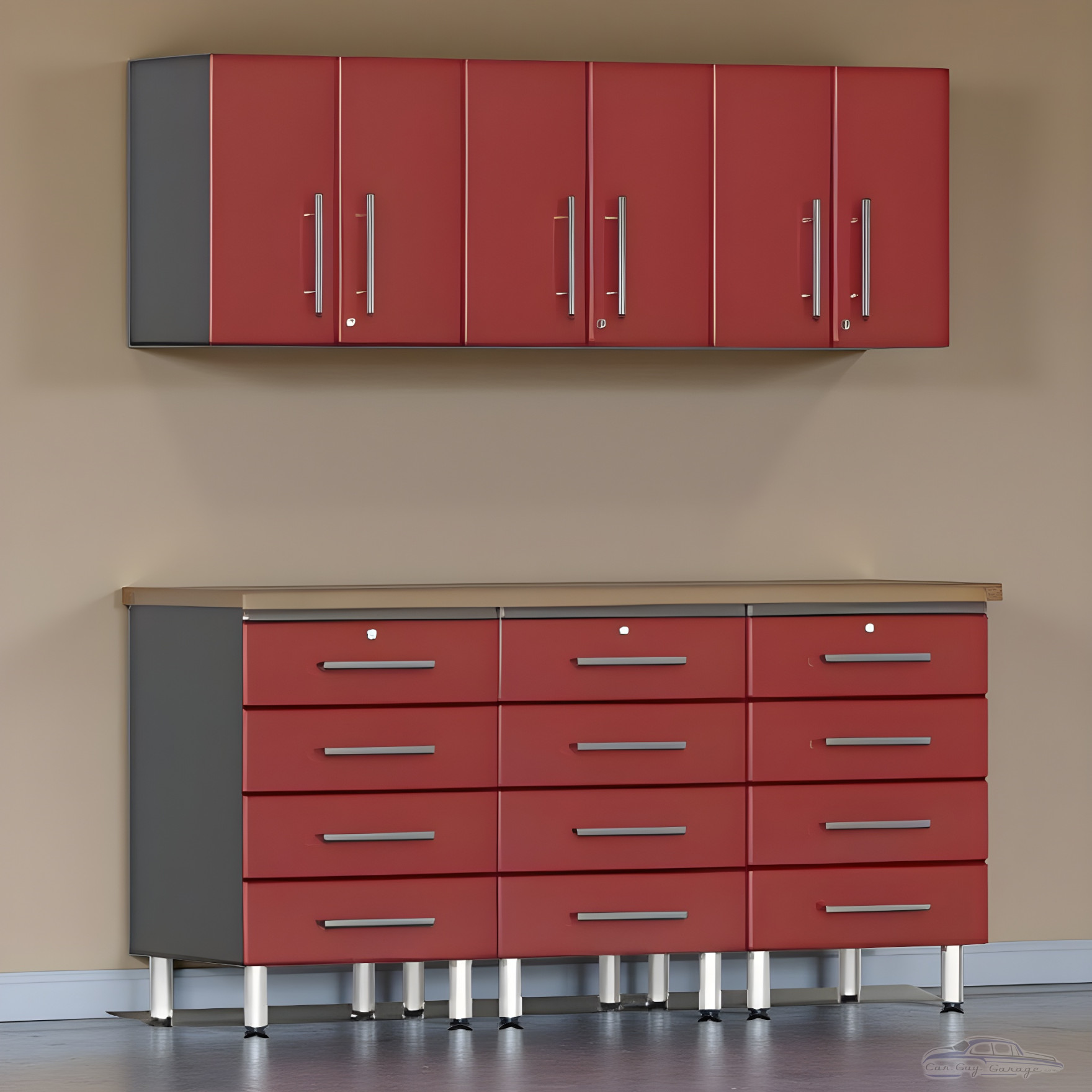Red Modular 7-Pc Garage Cabinets, 72in Bamboo Top, Wall & Base Drawers