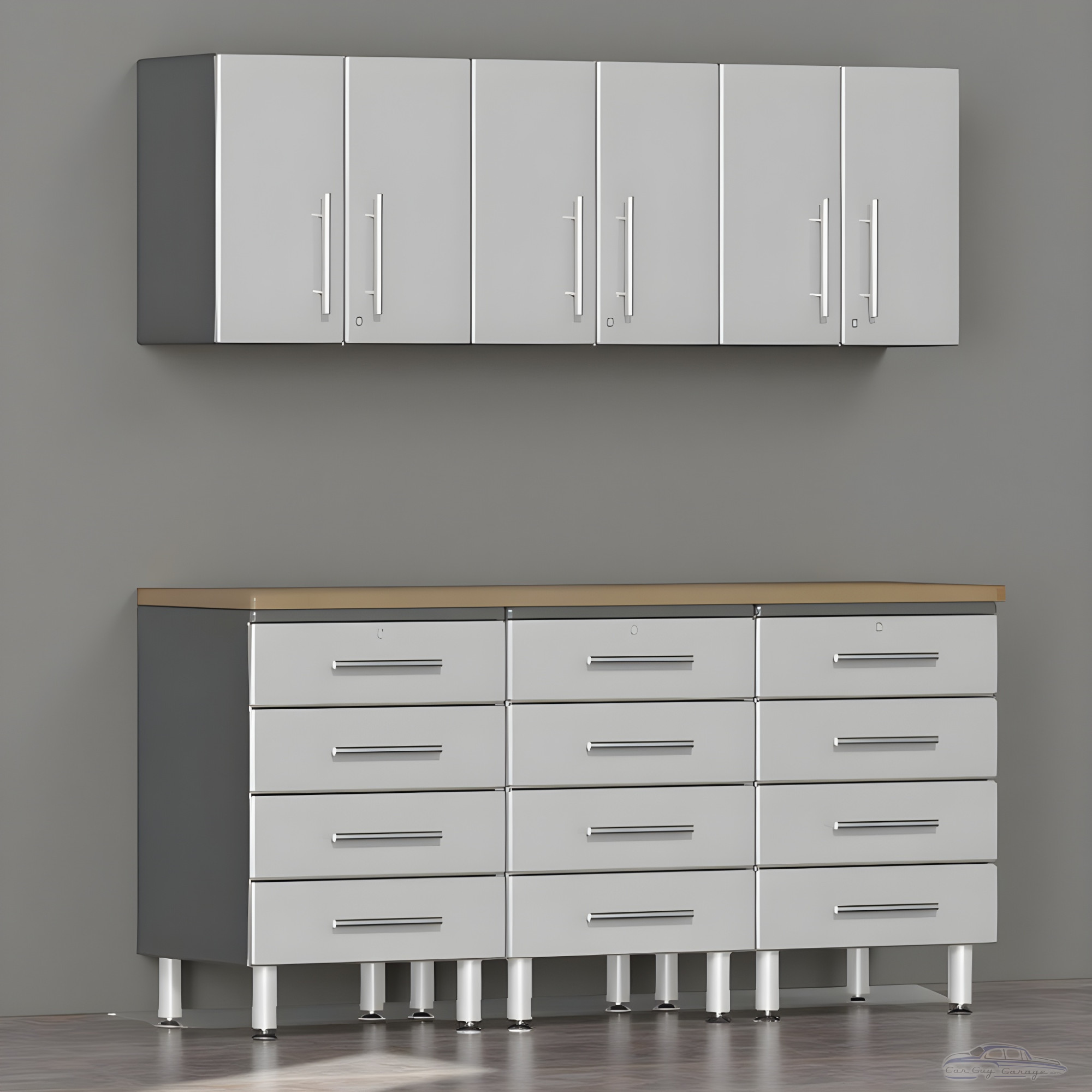 Silver Modular 7-Piece Garage Cabinet Set with Bamboo Worktop