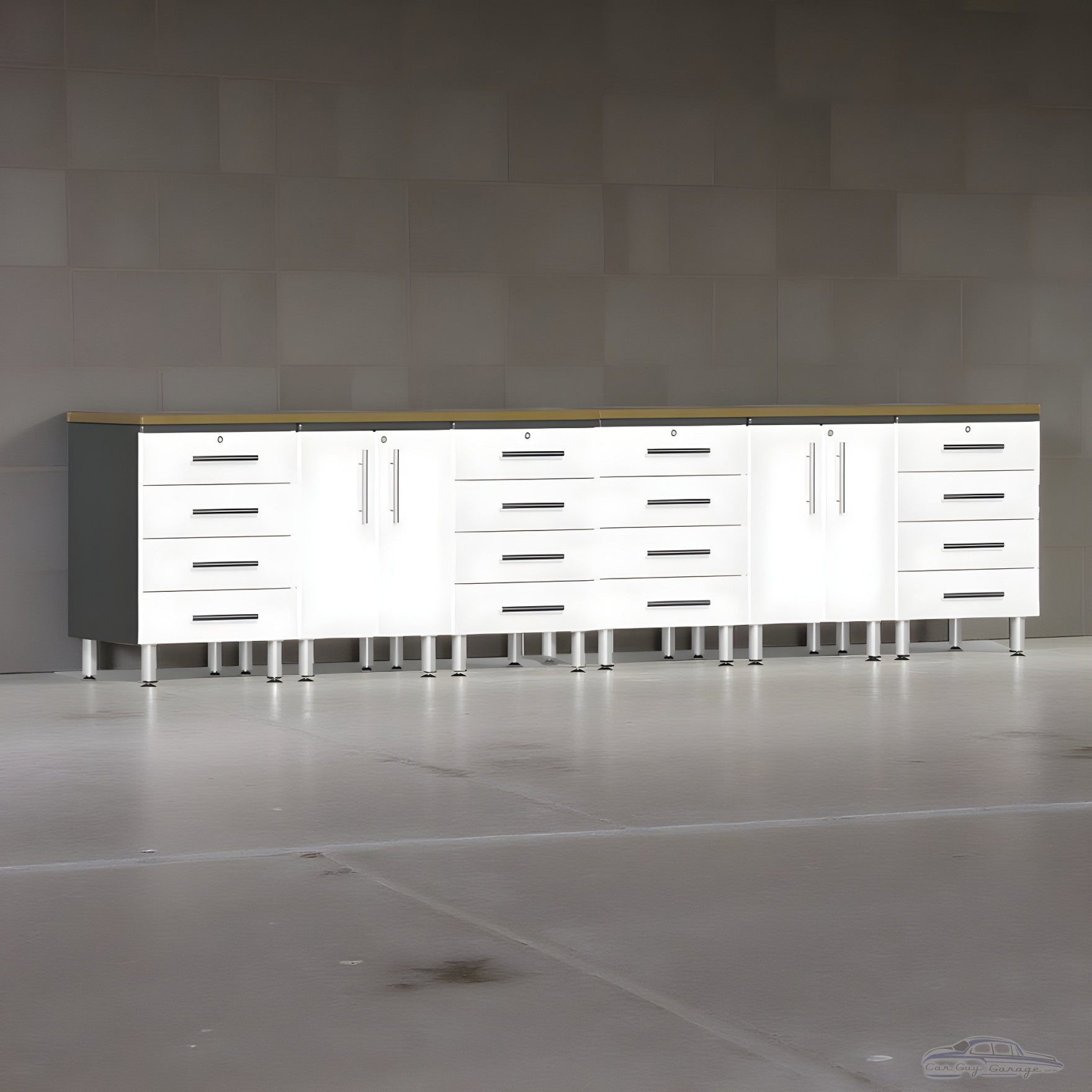 White Modular 8-Piece Workbench Cabinet Set with Bamboo Top