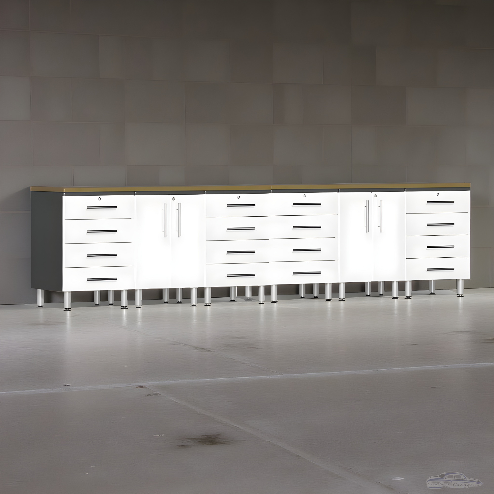 White Modular 8-Piece Workbench Cabinet Set with Bamboo Top