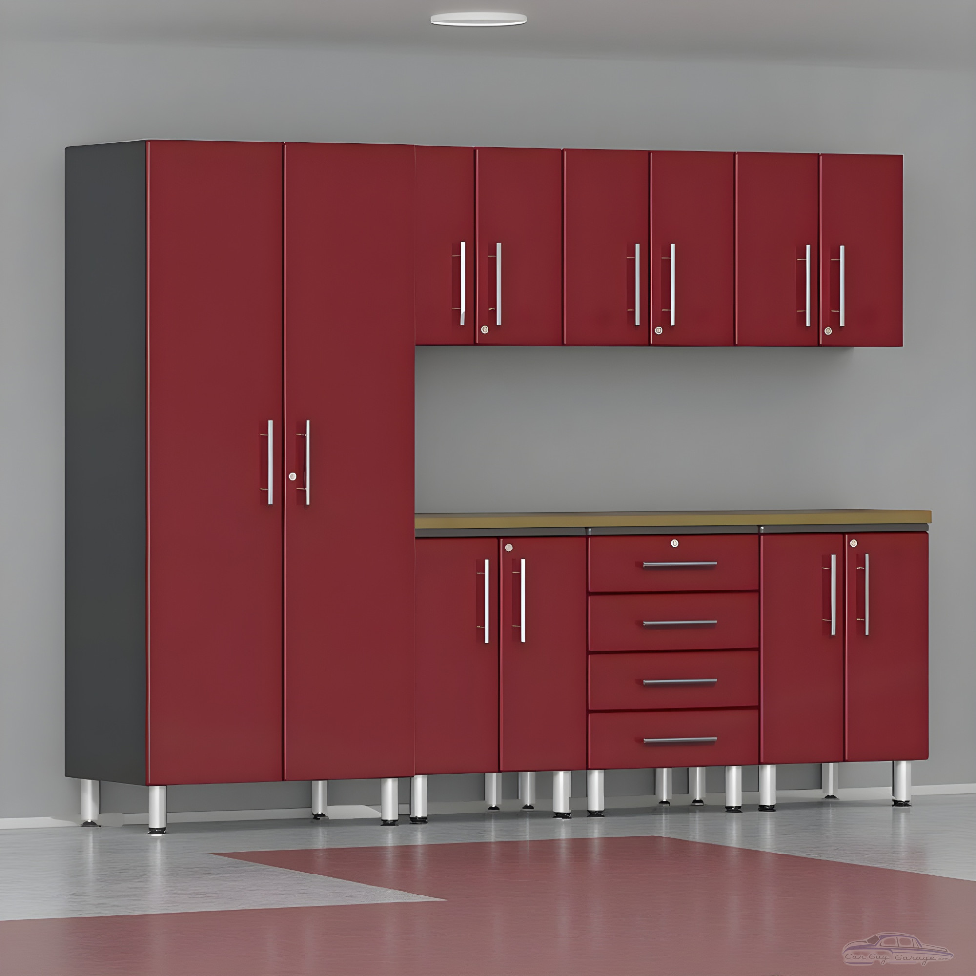 Red Modular 8-Piece Garage Cabinet Workbench Kit with Bamboo Worktop