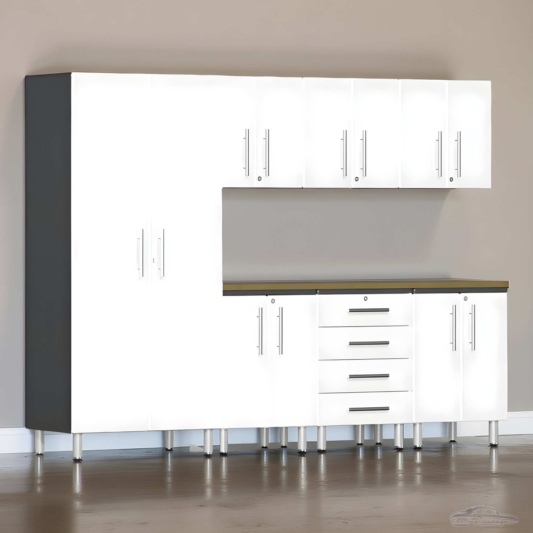 White Modular 8-Piece Garage Cabinet Set with Bamboo Butcher Block Top