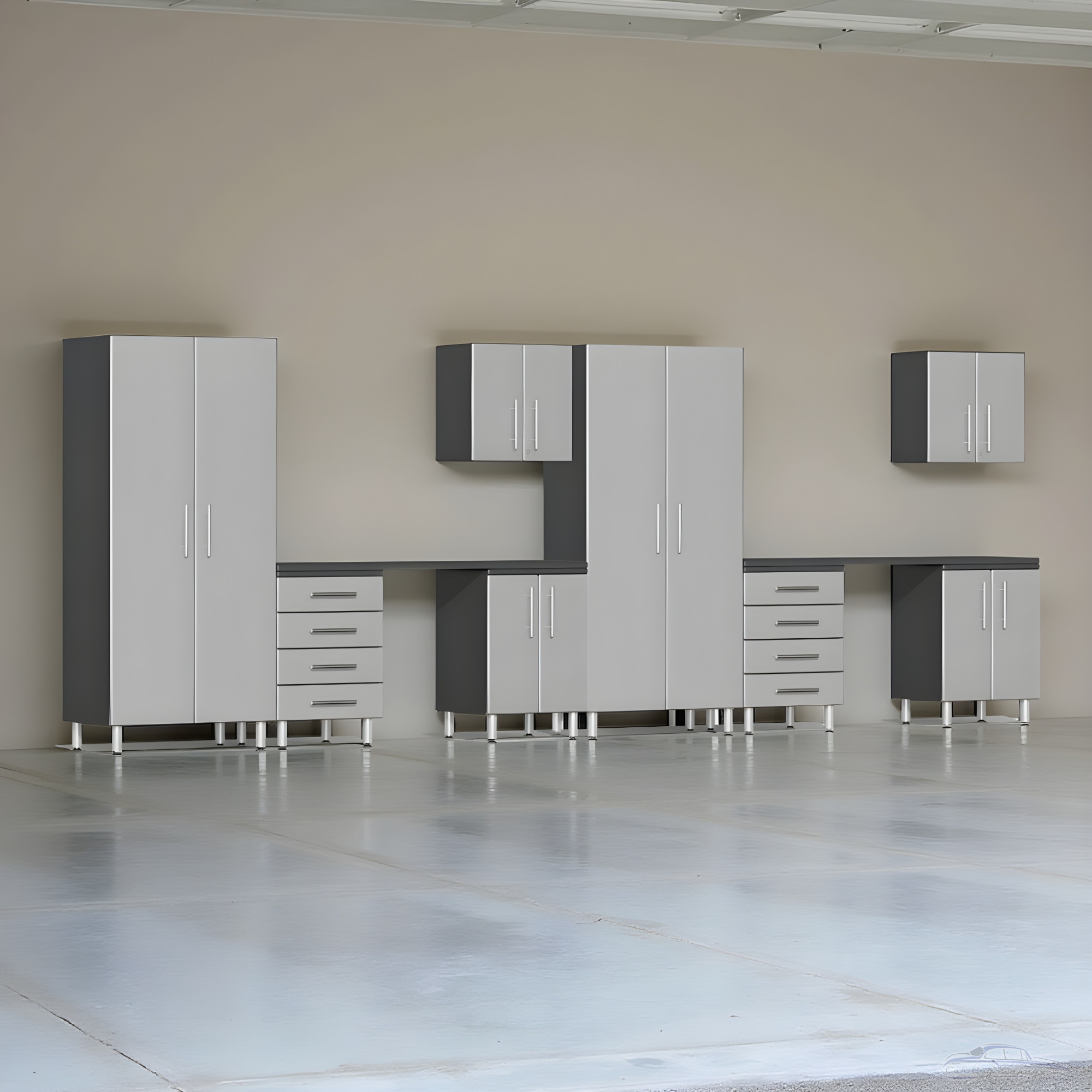 Silver Modular 10-Piece Garage Cabinet Set with Dual Workstations