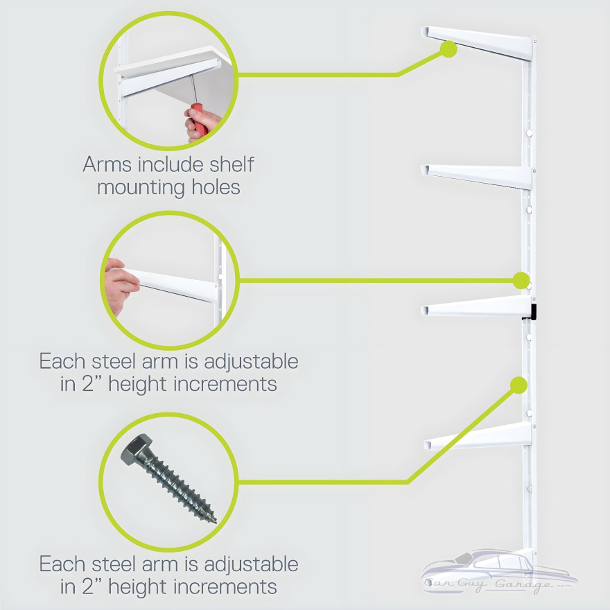 White 5-Tier Adjustable Wall Track Garage Shelf Brackets
