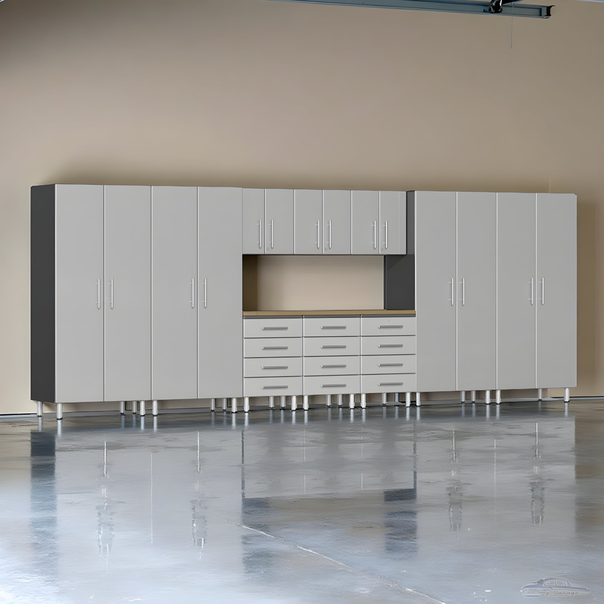 Silver Modular 11-Piece Garage Cabinet Set with Workbench and Drawers