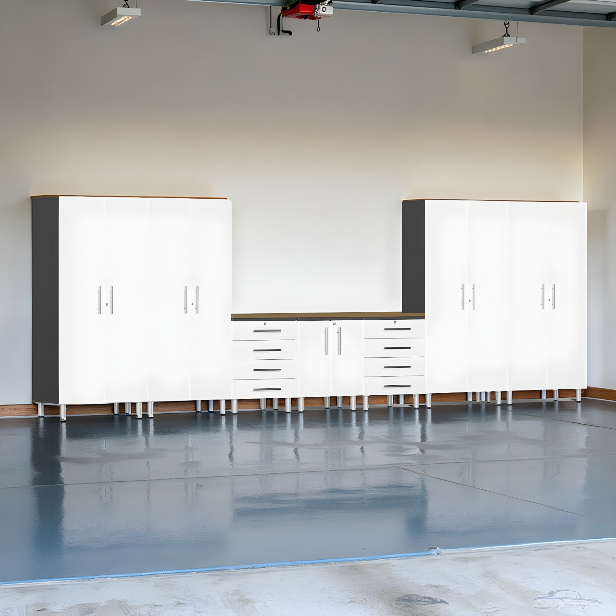 White Modular 8-Piece Garage Cabinets with Bamboo Top