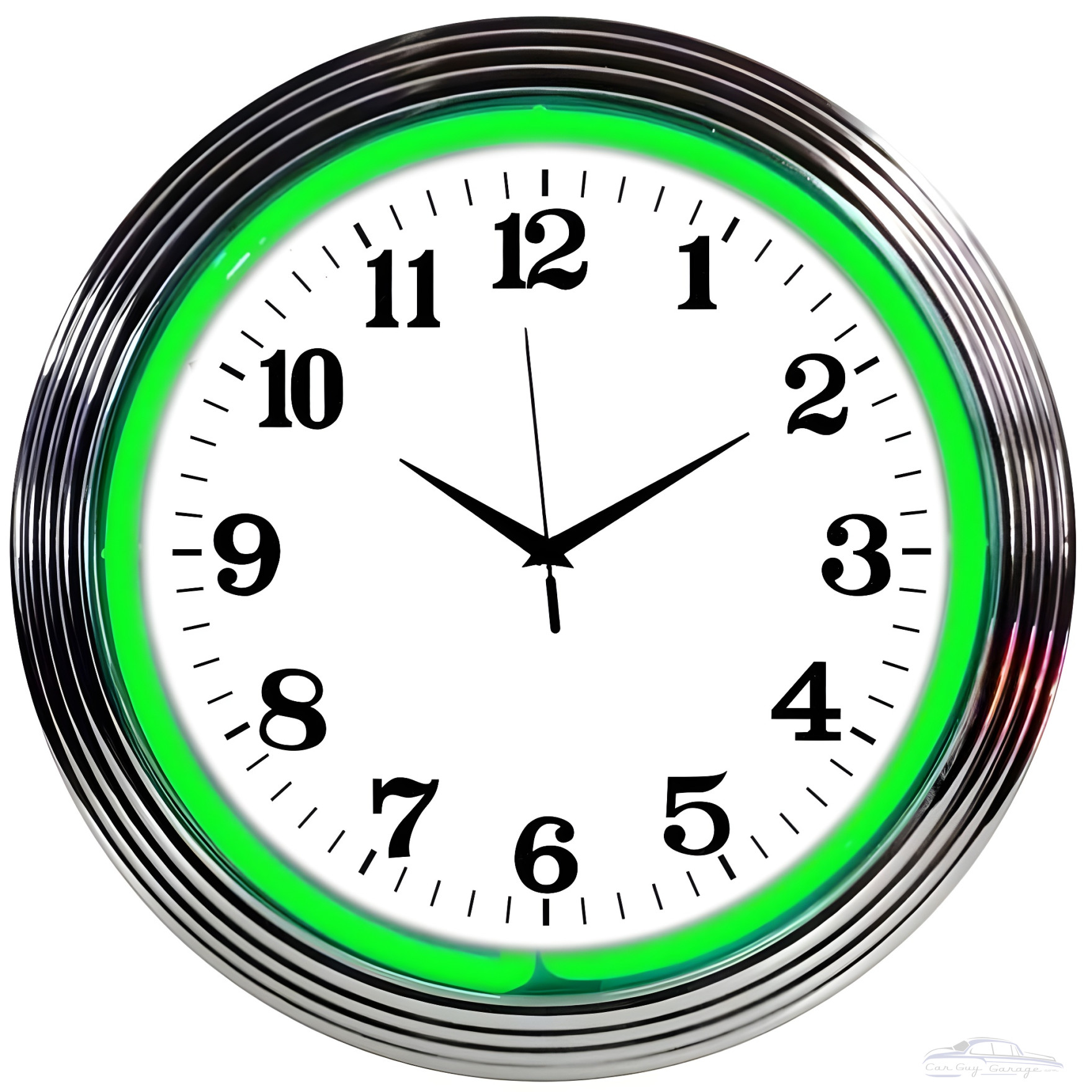 Chrome Green Neon Clock - 15" Diameter, Real Glass Neon, Quartz