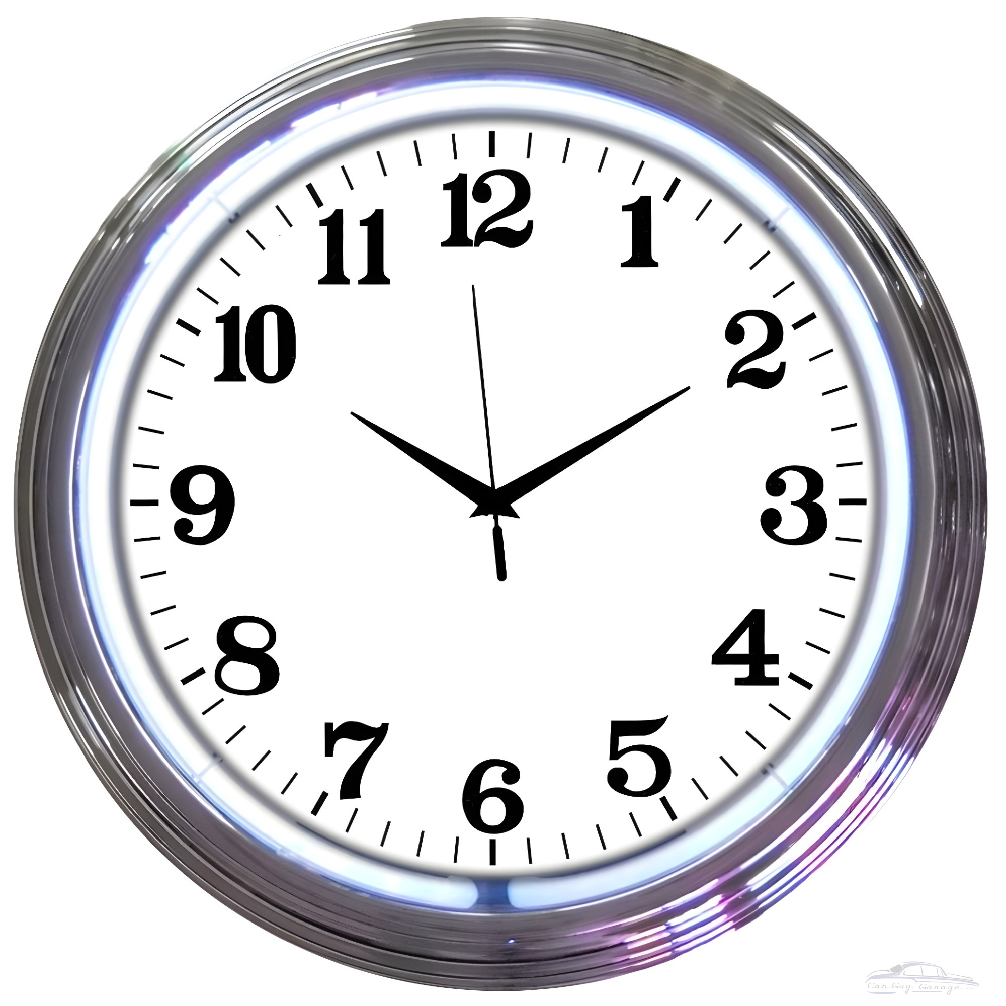 Chrome White Neon Clock - 15" Glass Face, 25W Neon Light
