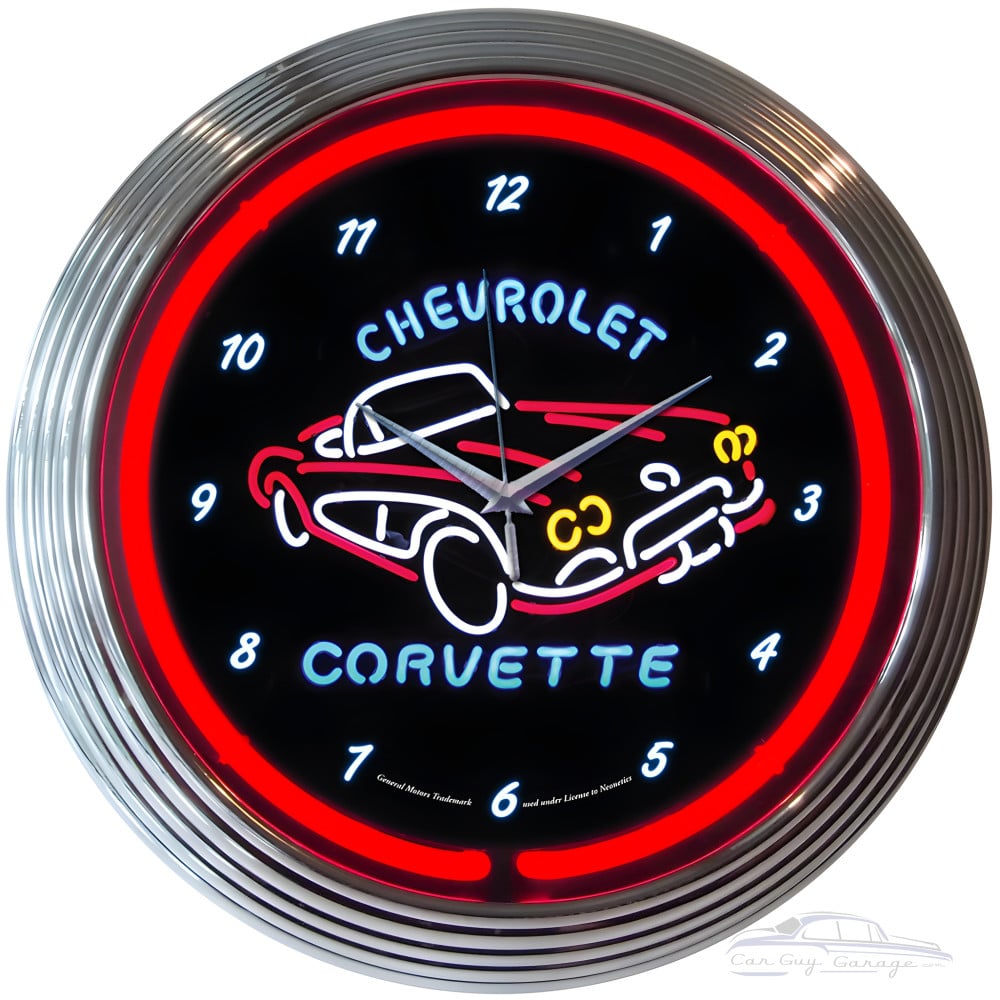 Corvette C8 Neon Clock - Hand-Blown Glass, Chrome Finish, 15"