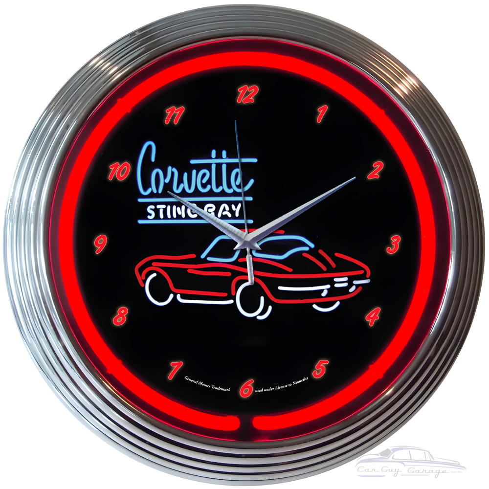 Corvette C8 Neon Clock - Hand-Blown Glass, Chrome Finish, 15"