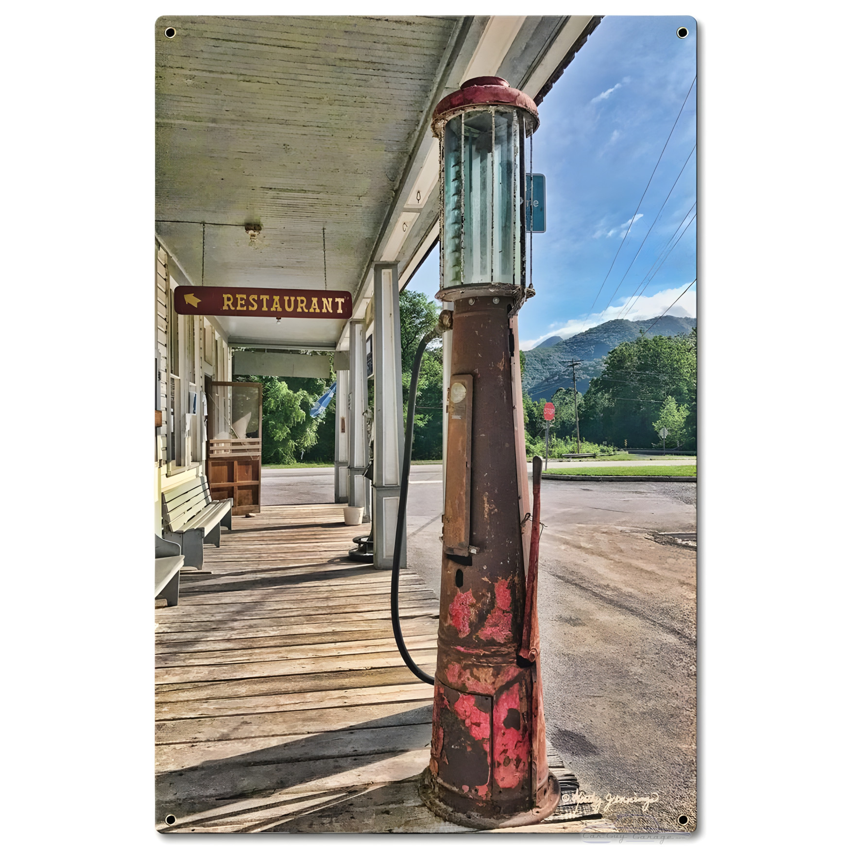 Gas Pump Scene Metal Sign - Durable 16" x 24" Garage Decor