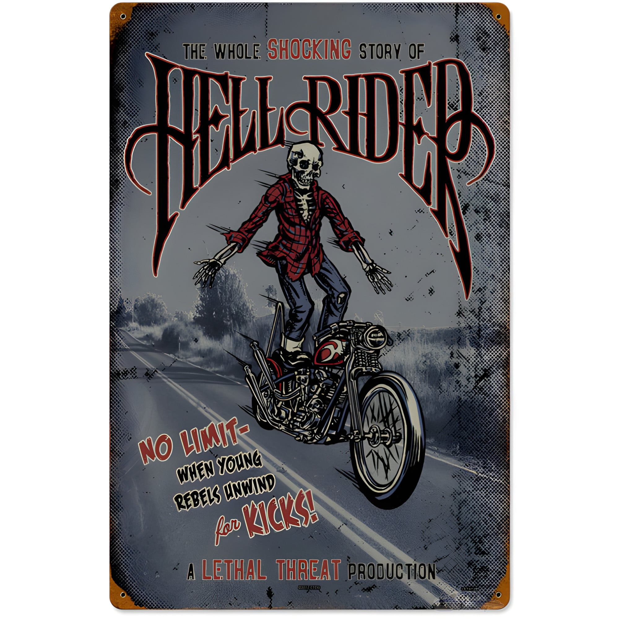 Hell Rider Metal Sign - 16"x24" Vintage Motorcycle Decor
