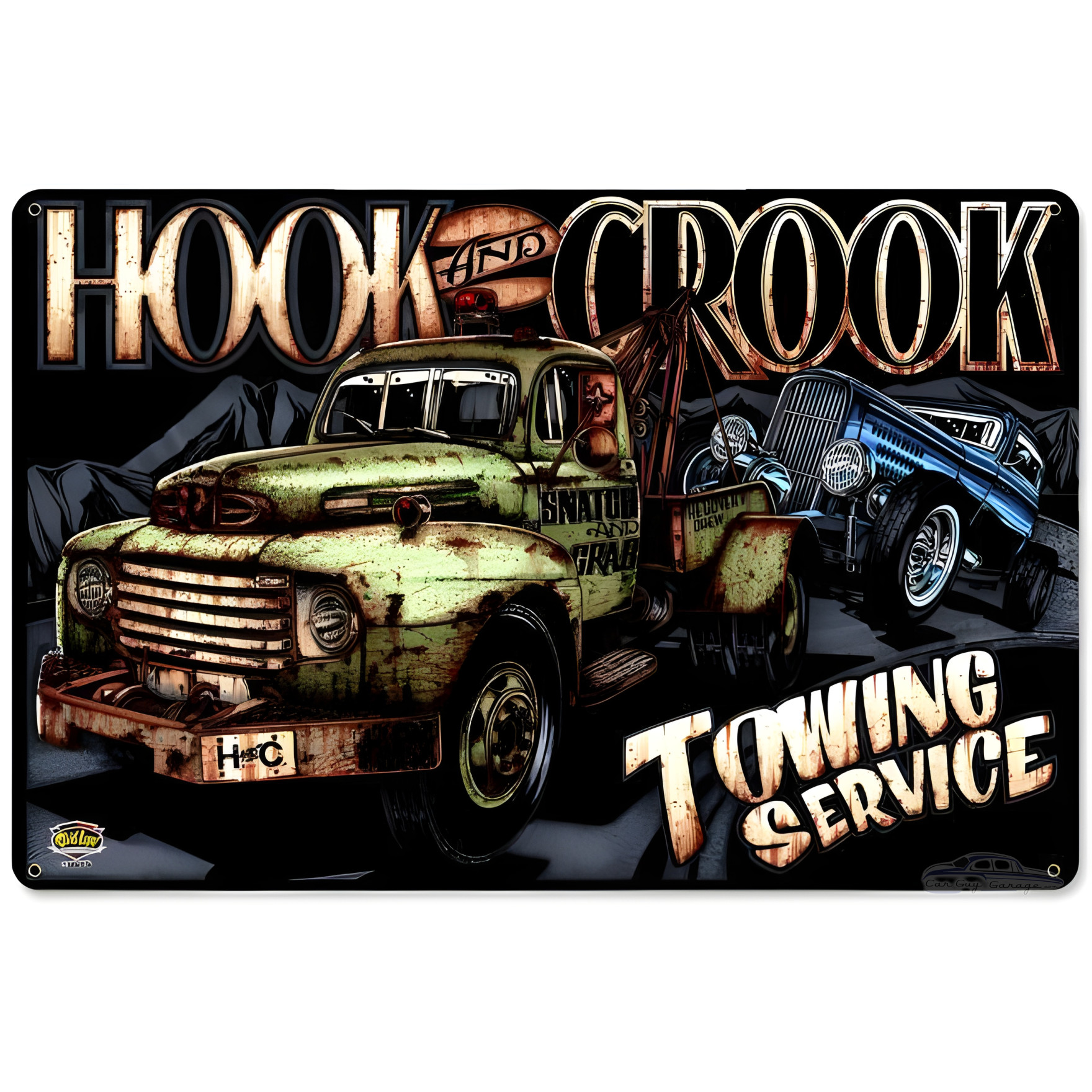 Hook Crook Towing Metal Sign - 18"x12" - Heavy Gauge Steel